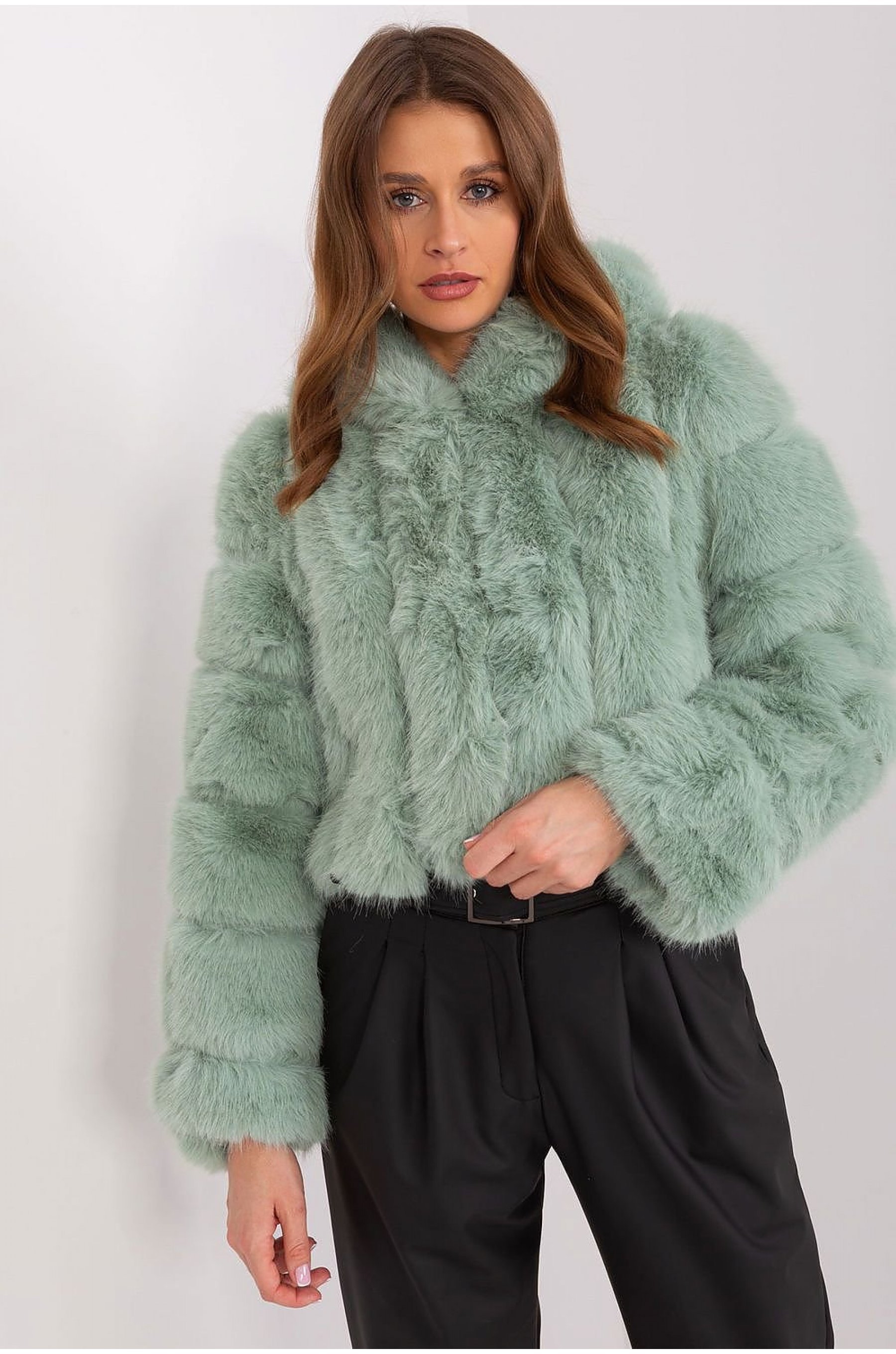 Geaca dama scurta, din blana eco, menta, cu gluga, Lubelle10 ...