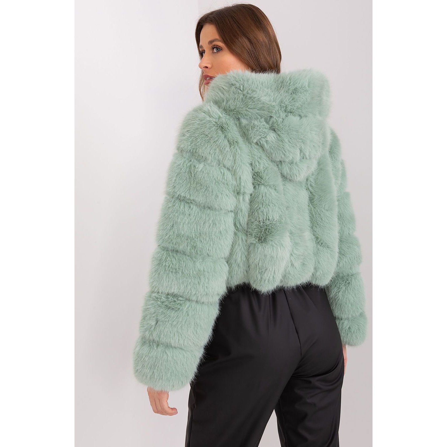 Geaca dama scurta, din blana eco, menta, cu gluga, Lubelle10 ...