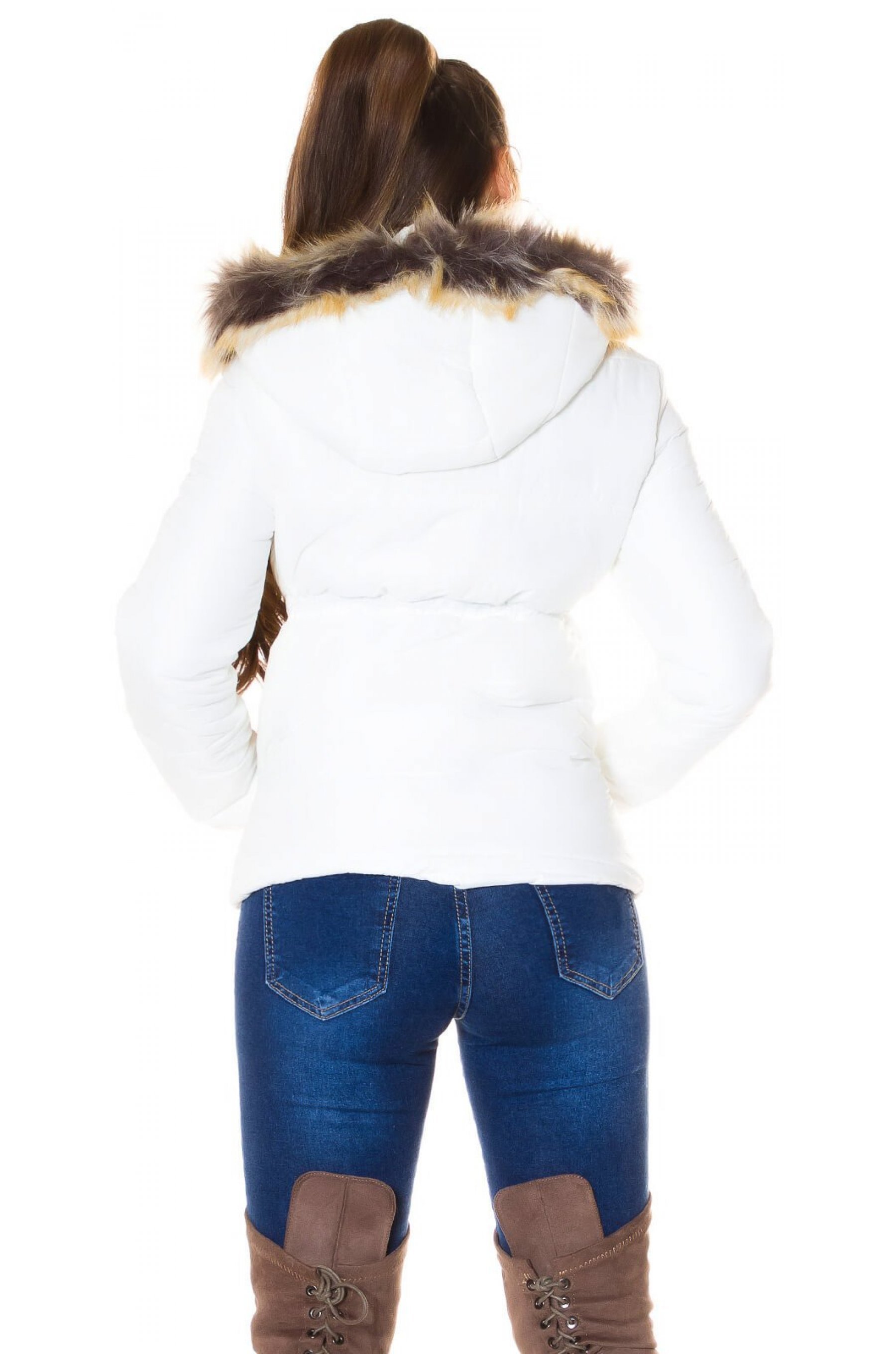 Geaca de dama alba din fas cu snur in talie si gluga cu blanita Ruby ...