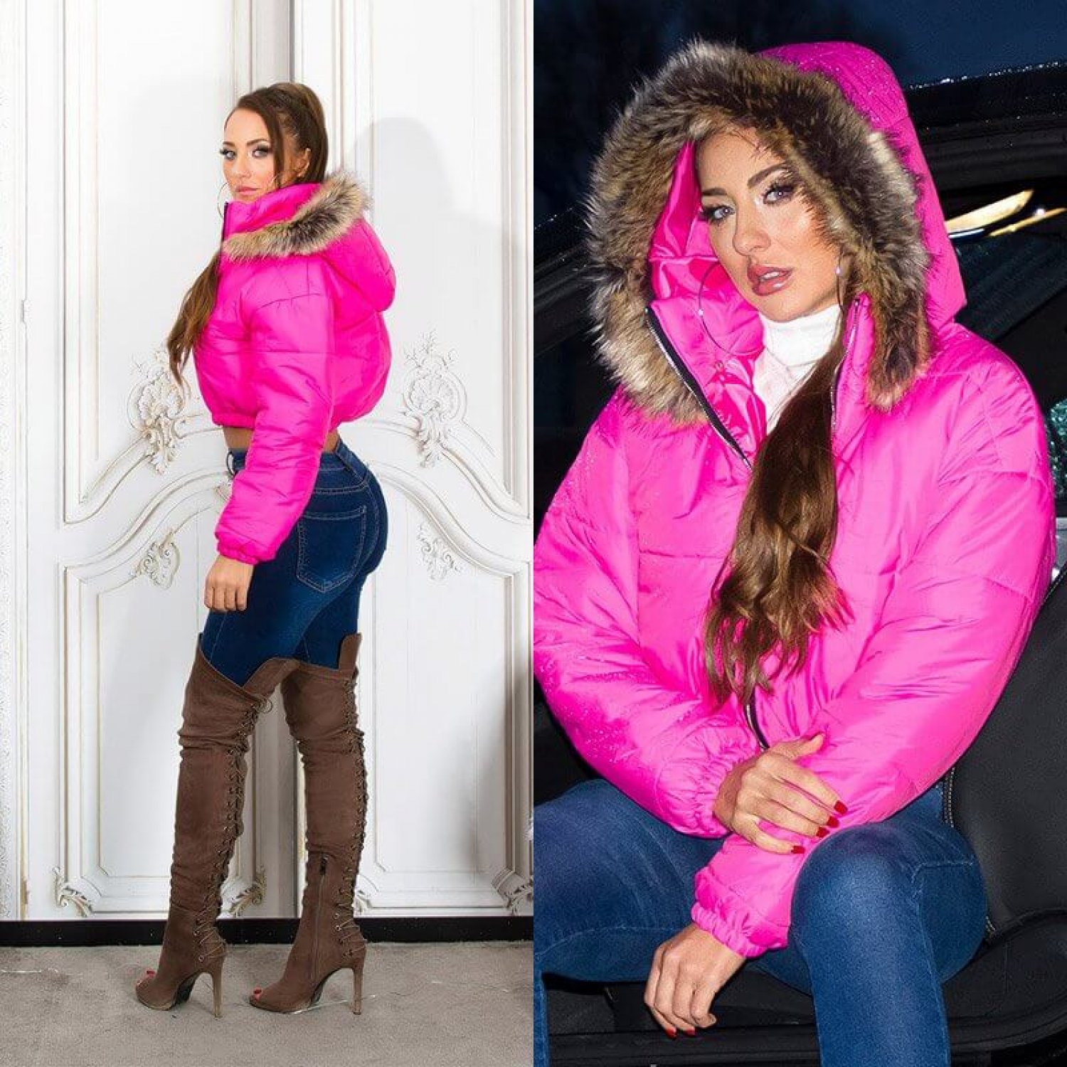 Geaca de dama de iarna roz scurta cu gluga si blanita Lexy - JojoFashion.ro