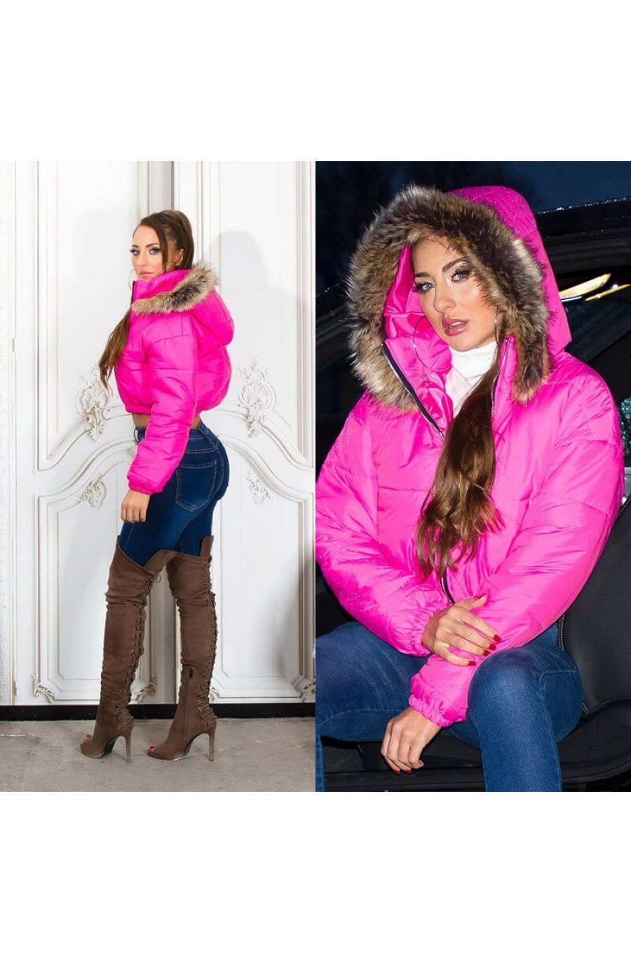 Geaca de dama de iarna roz scurta cu gluga si blanita Lexy - JojoFashion.ro