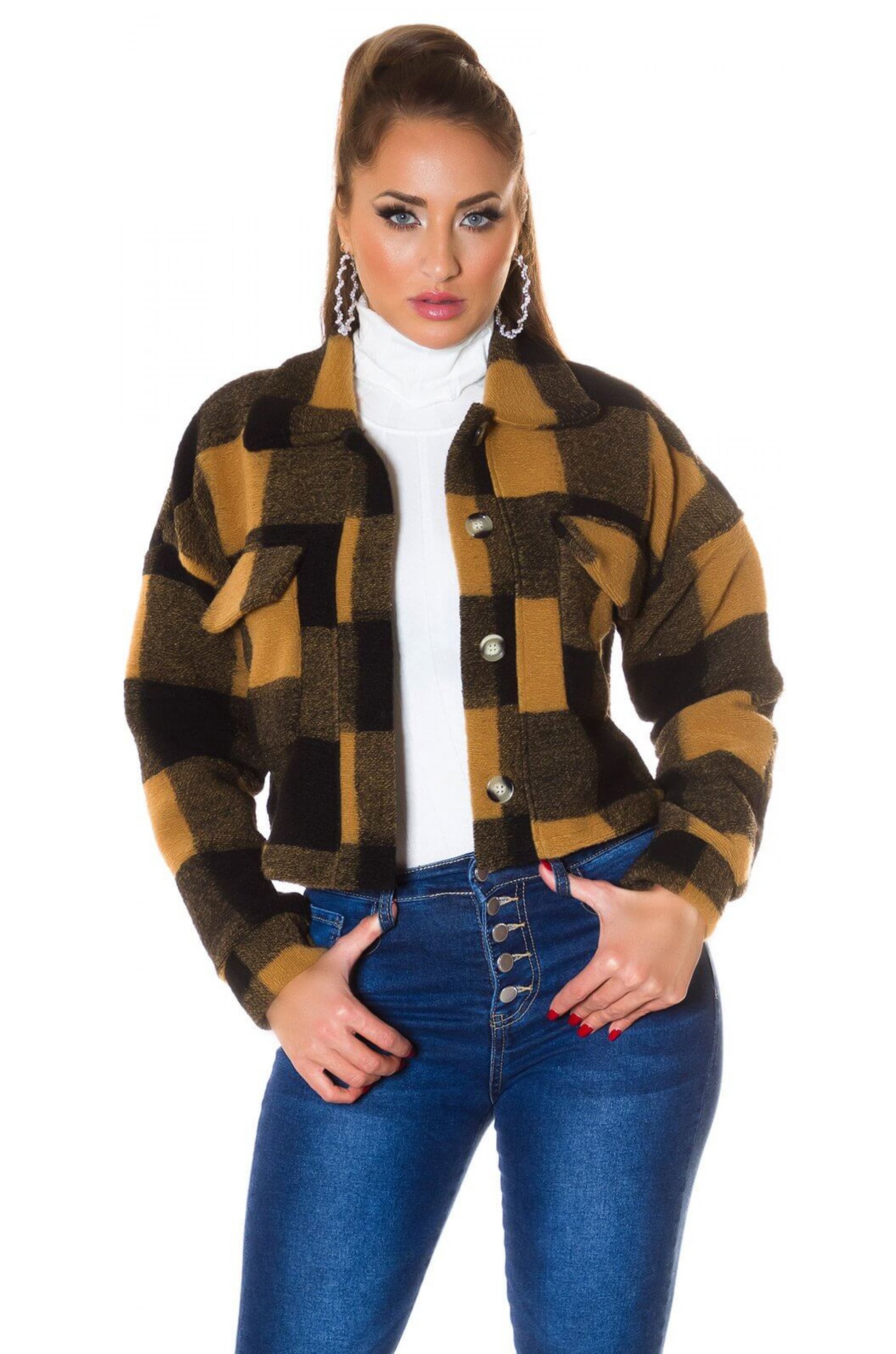 Jacheta dama crop cappuccino cu model in carouri Lizy - JojoFashion.ro