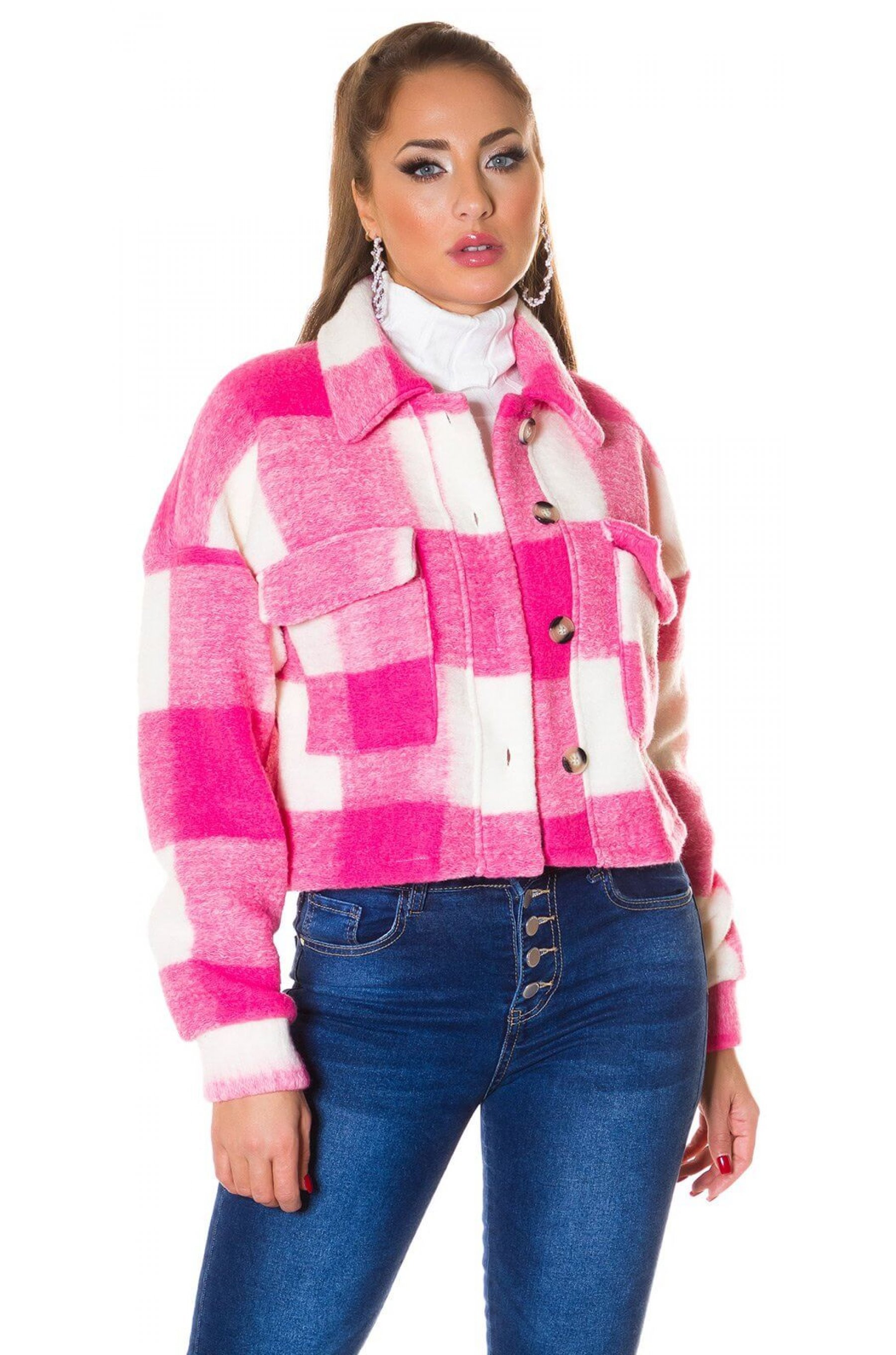 Jacheta dama crop roz cu model in carouri Lizy - JojoFashion.ro