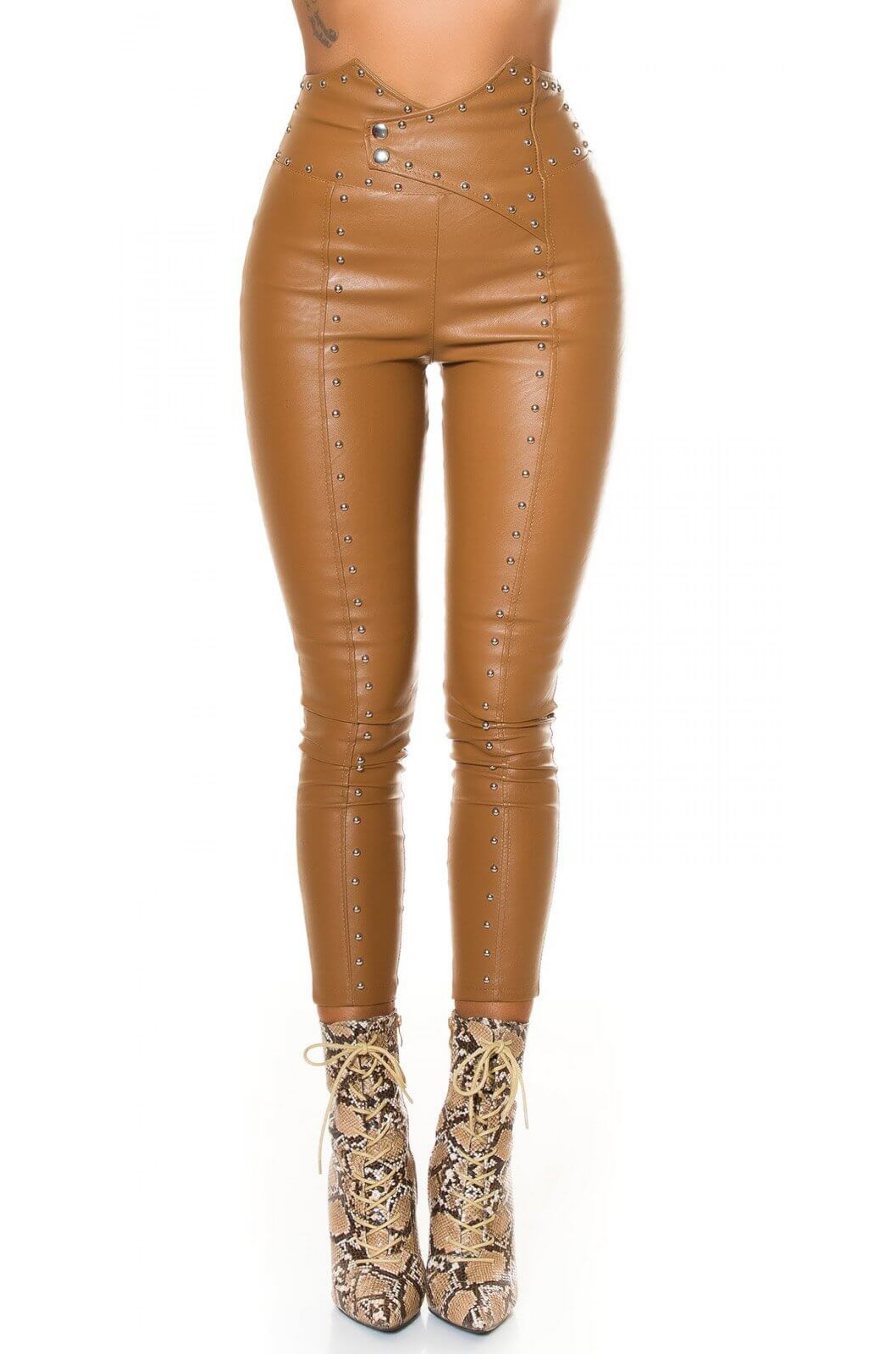 Pantaloni dama piele eco maro cu tinte si talie inalta Grace ...