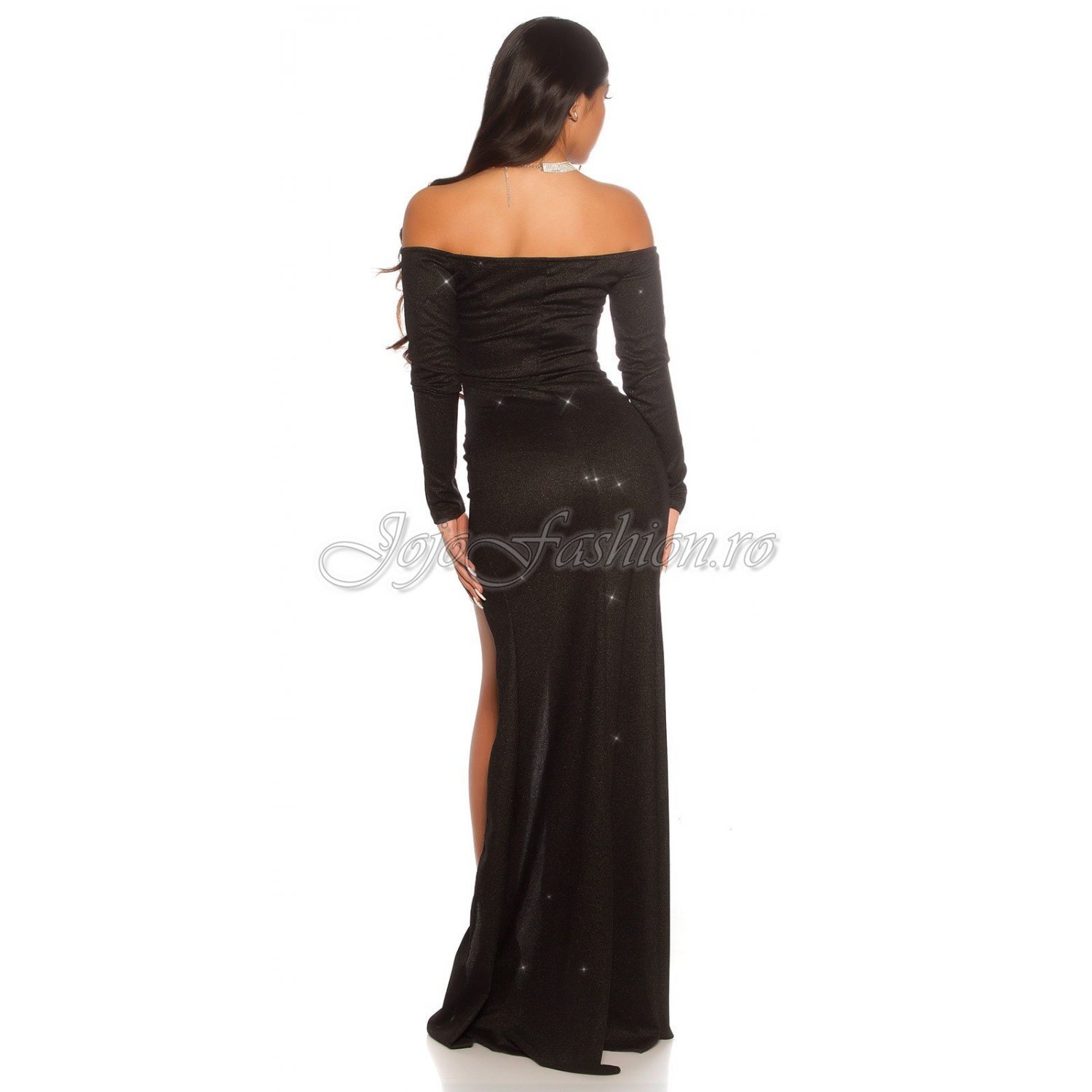 Rochie de seara lunga, glitter, neagra, mulata, cu maneca lunga, Carisa ...