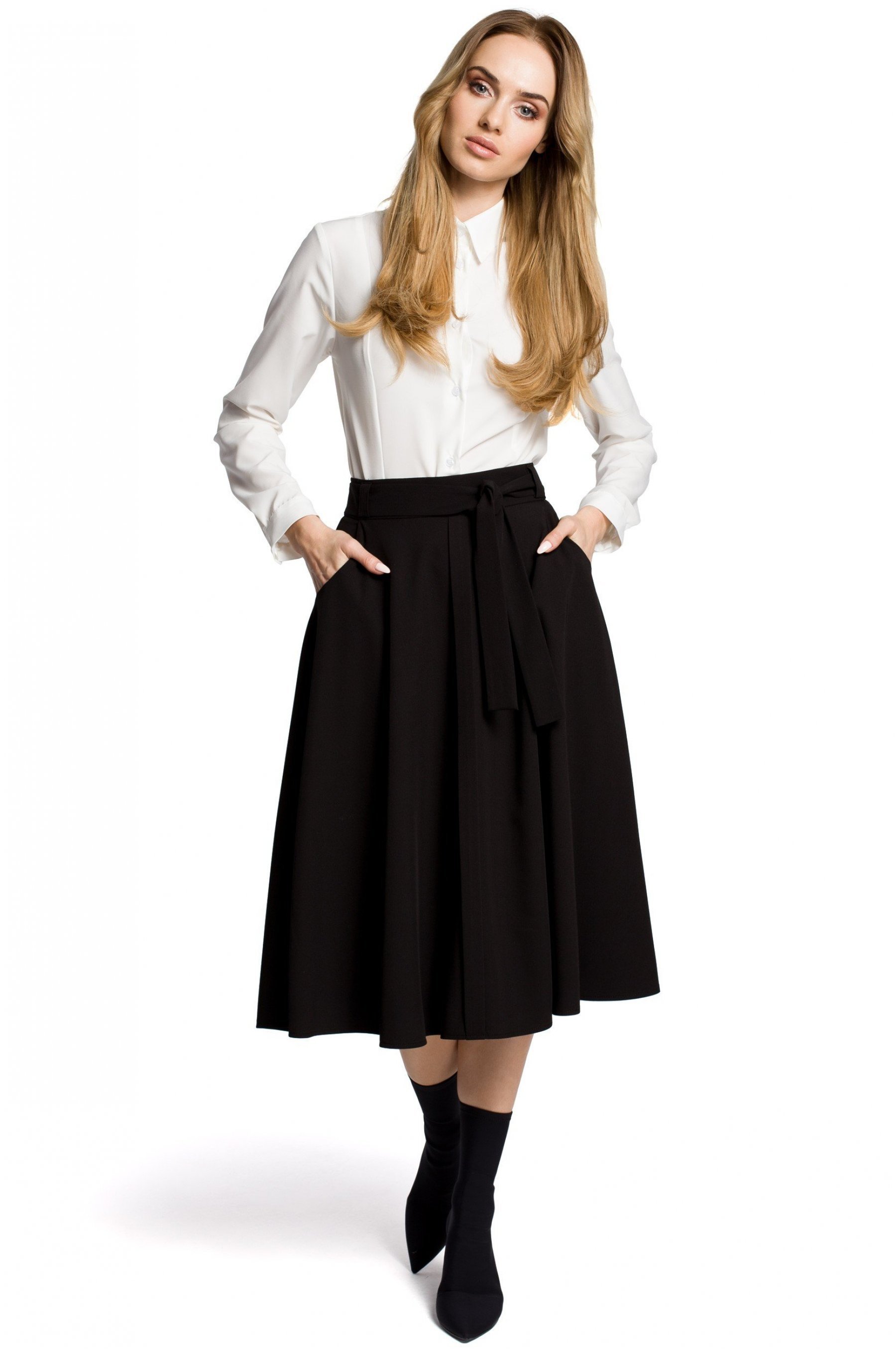 Fusta office, midi, neagra, cu cordon, Phoebe - JojoFashion.ro