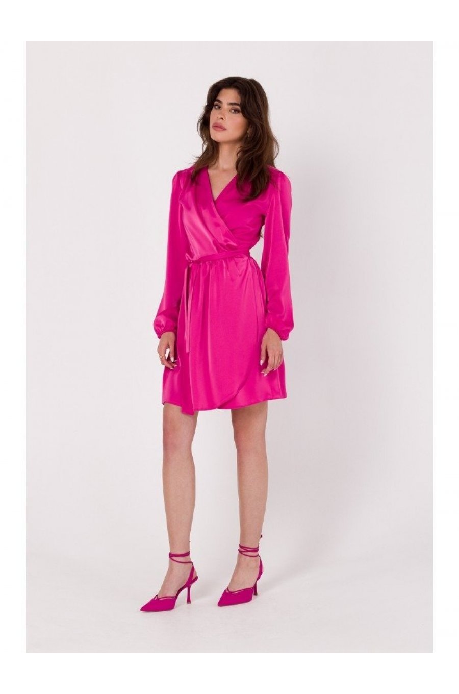 Rochie de ocazie scurta, din satin, roz magenta, cu maneca lunga ...