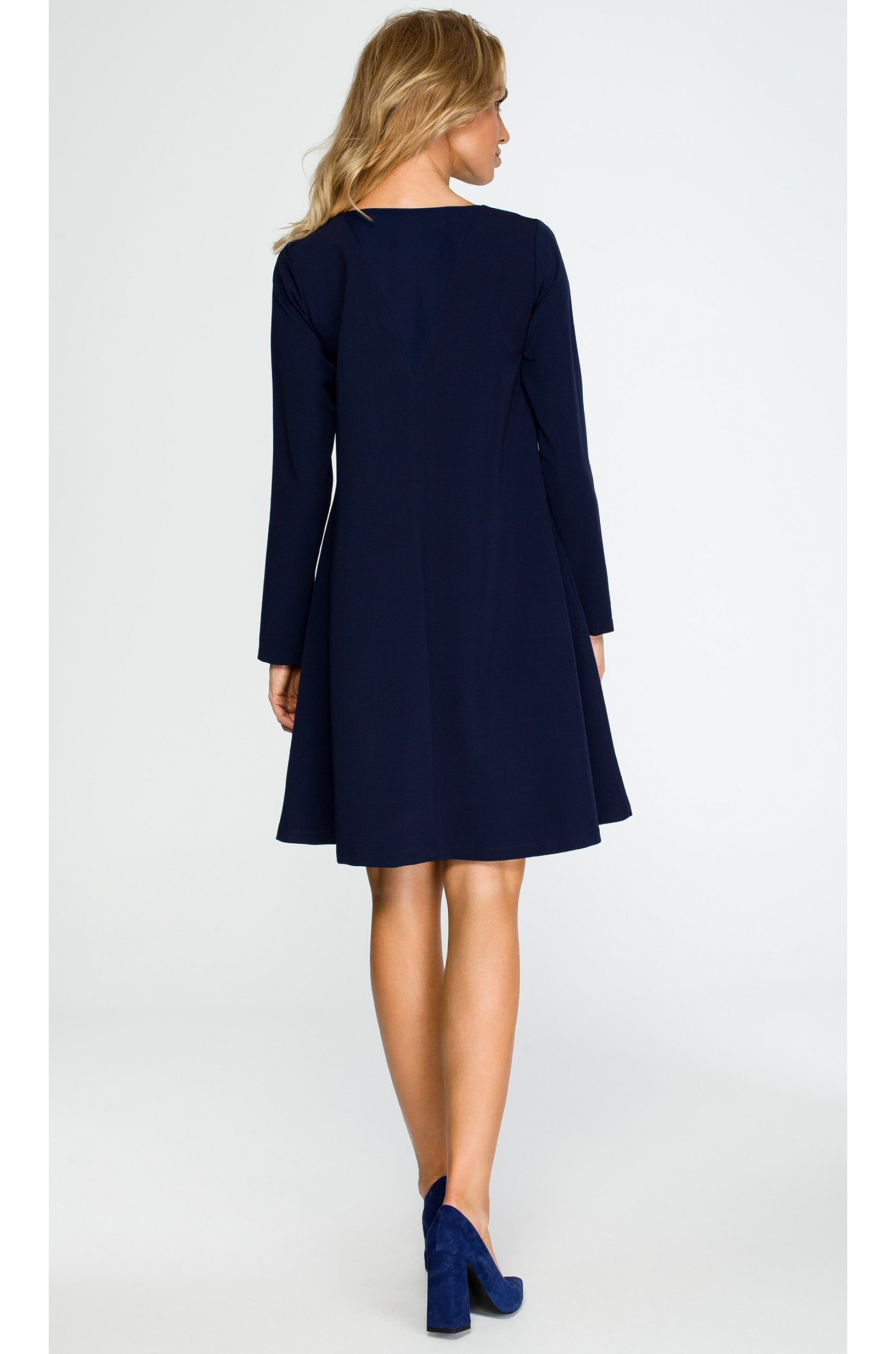 Rochie de zi midi bleumarin, croi A, cu maneca lunga, Aryena ...