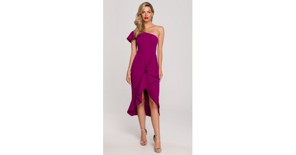 Rochie eleganta midi, roz magenta, cu volane si un umar gol, Spanish ...