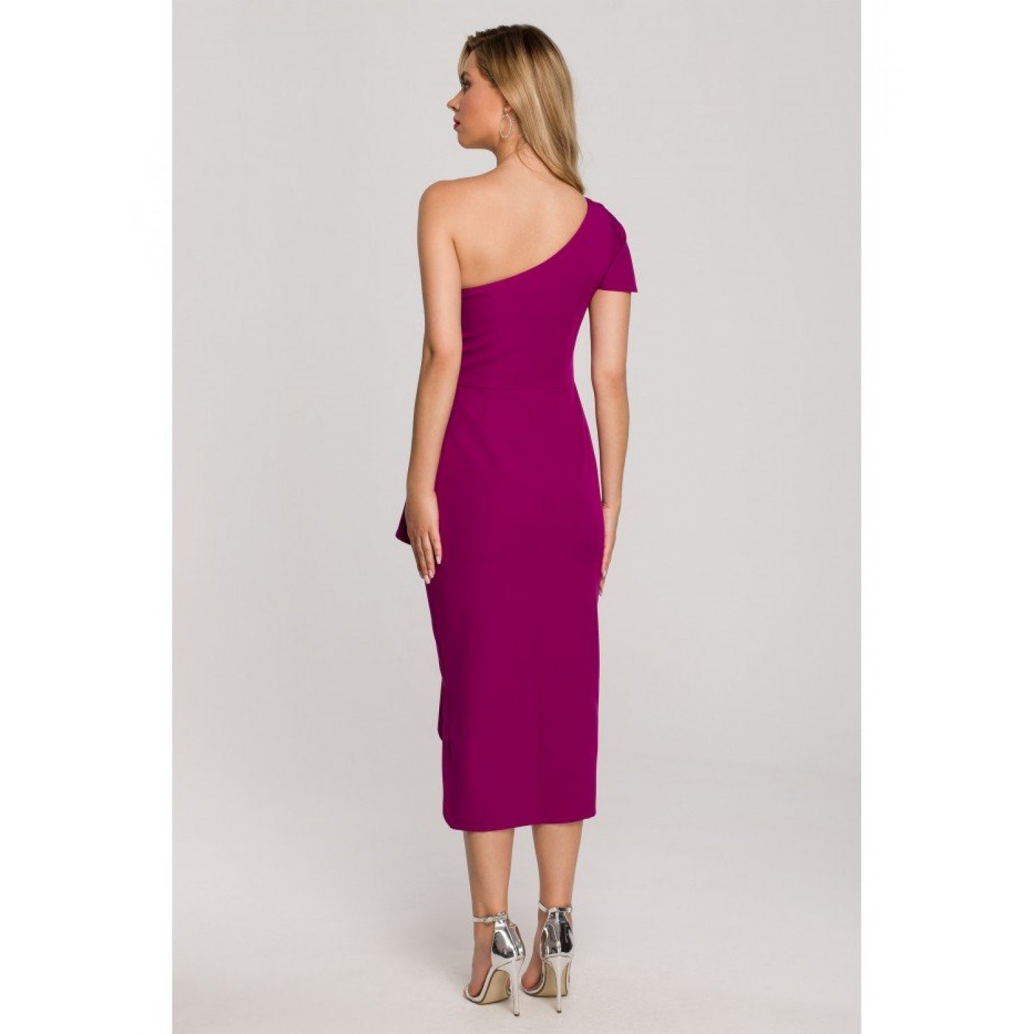 Rochie eleganta midi, roz magenta, cu volane si un umar gol, Spanish - JojoFashion.ro