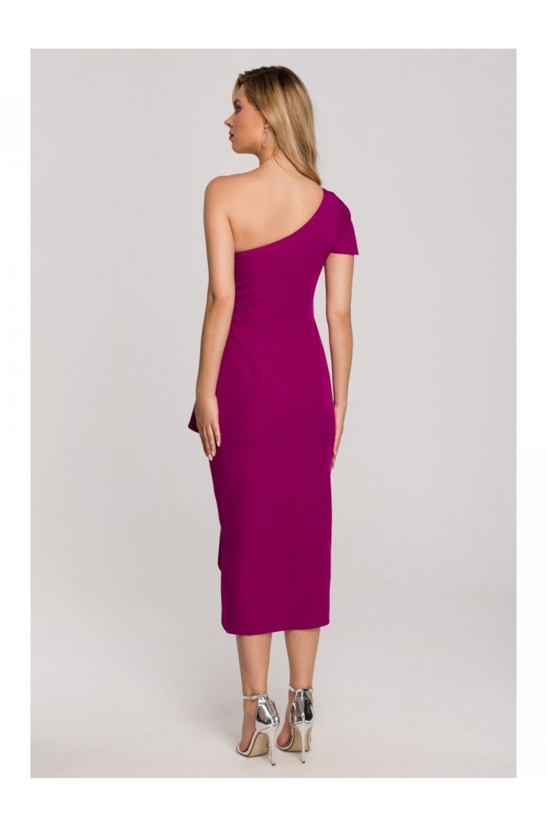 Rochie eleganta midi, roz magenta, cu volane si un umar gol, Spanish - JojoFashion.ro