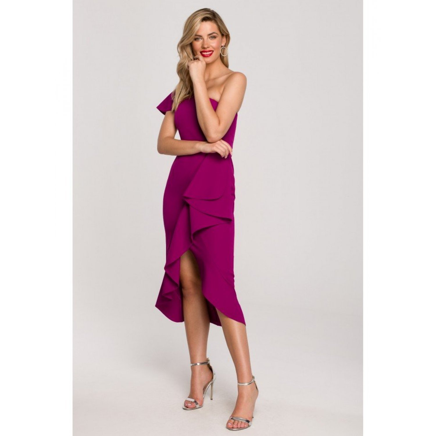Rochie eleganta midi, roz magenta, cu volane si un umar gol, Spanish - JojoFashion.ro