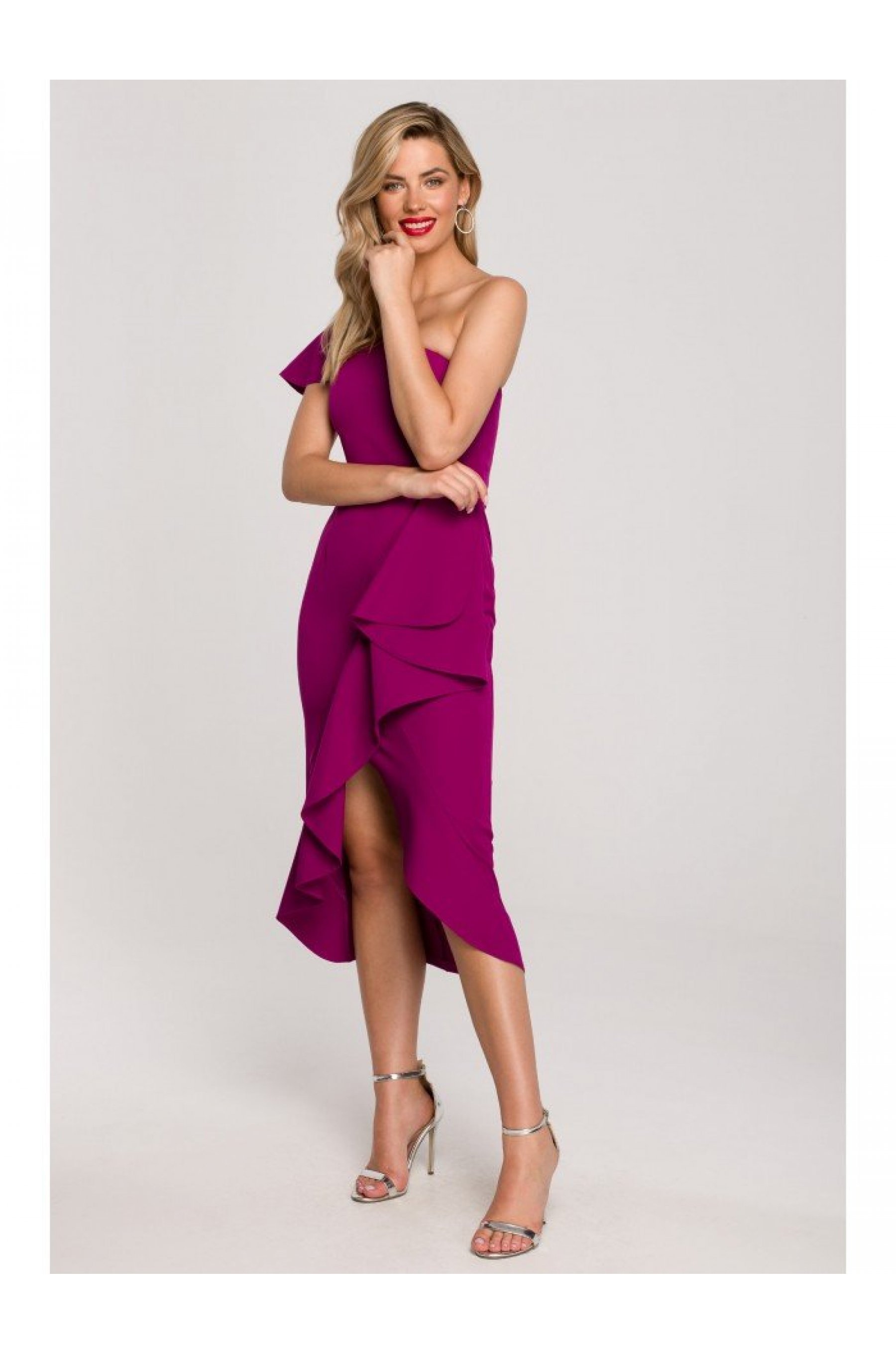 Rochie eleganta midi, roz magenta, cu volane si un umar gol, Spanish - JojoFashion.ro