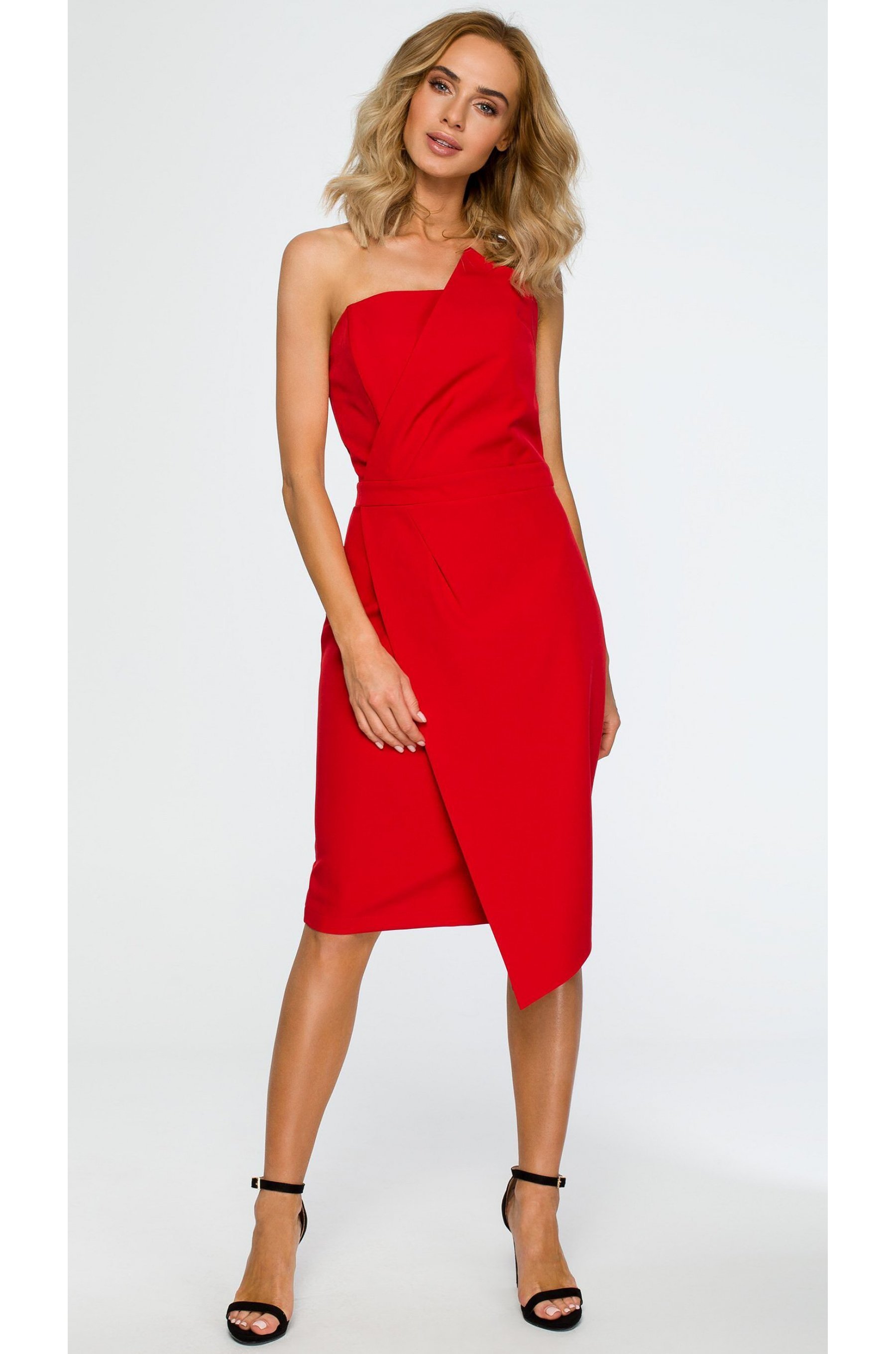 Rochie eleganta tip creion, midi, rosie, cu umerii goi, Evania ...