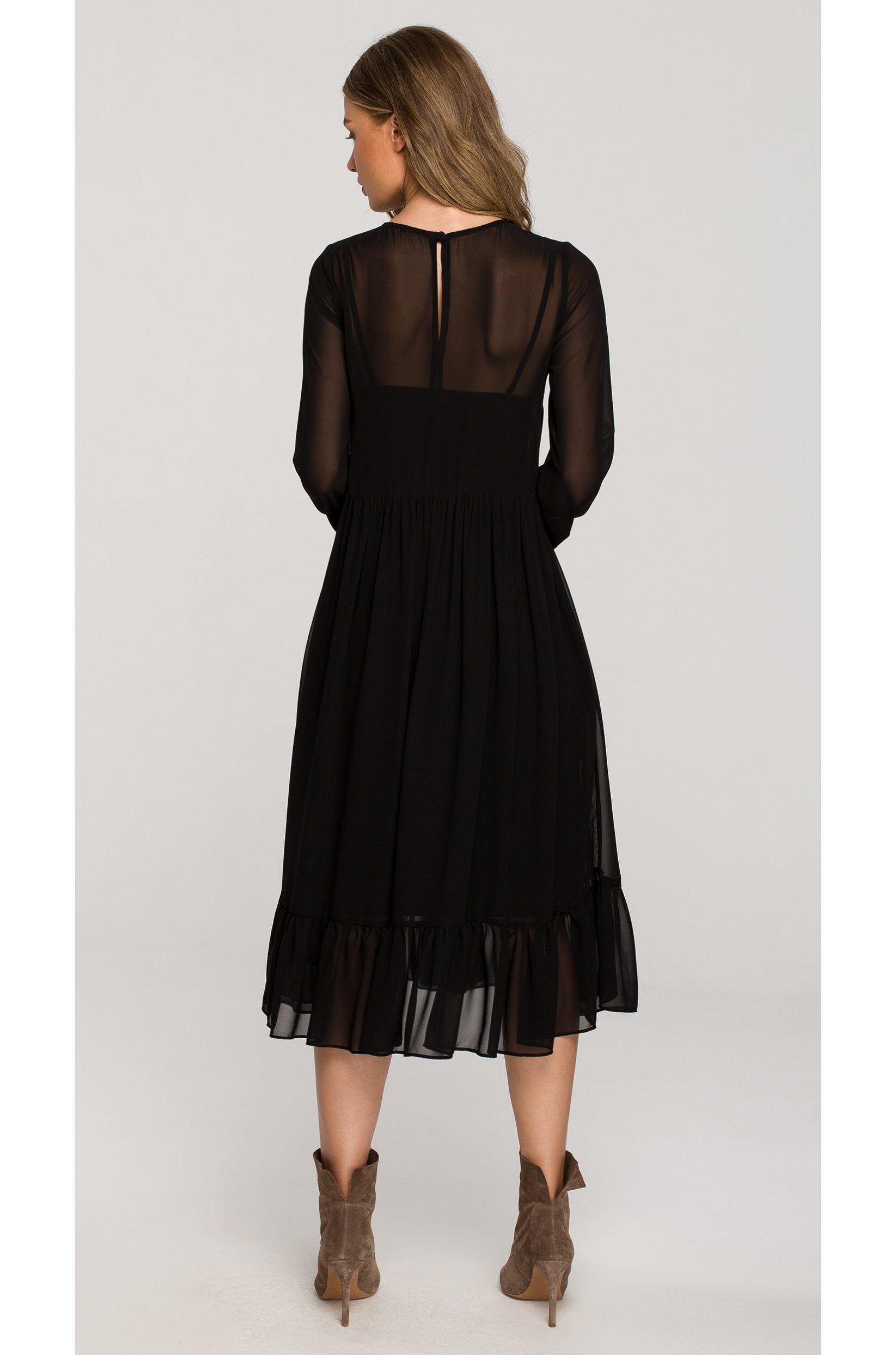 Rochie midi din chiffon, neagra, cu maneca lunga si volan, Naira ...