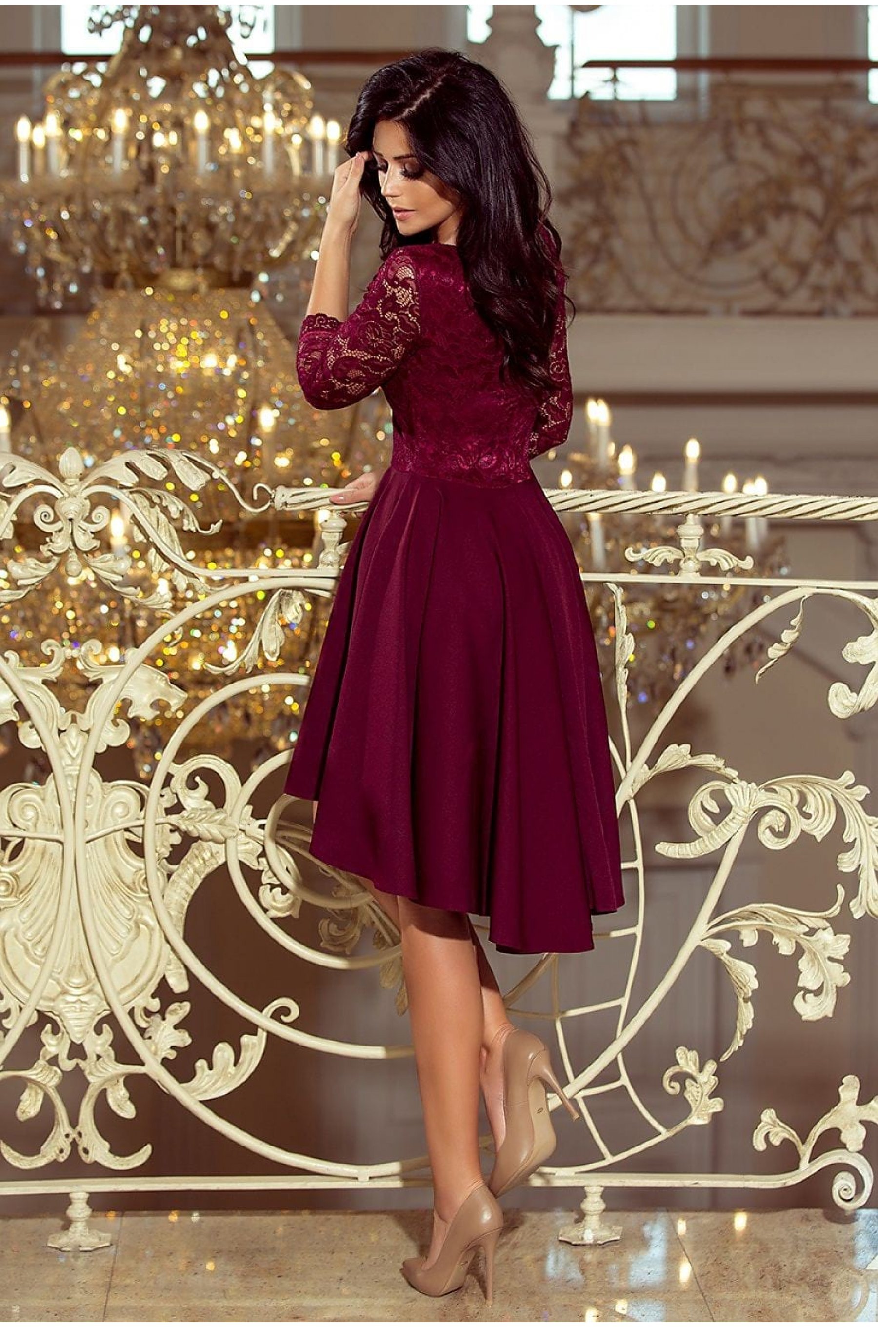 Rochie eleganta midi, dantela, burgundy, cu maneca lunga, asimetrica ...