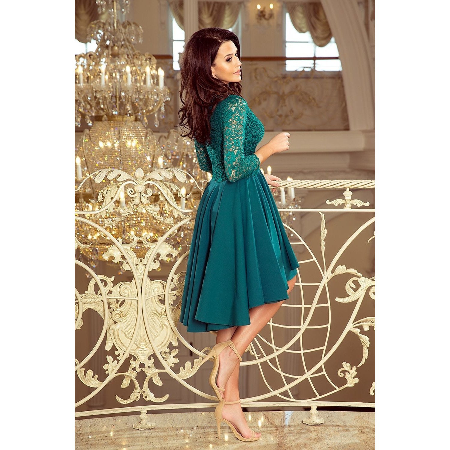 Rochie midi verde turcoaz inchis din dantela Anastasia - JojoFashion.ro