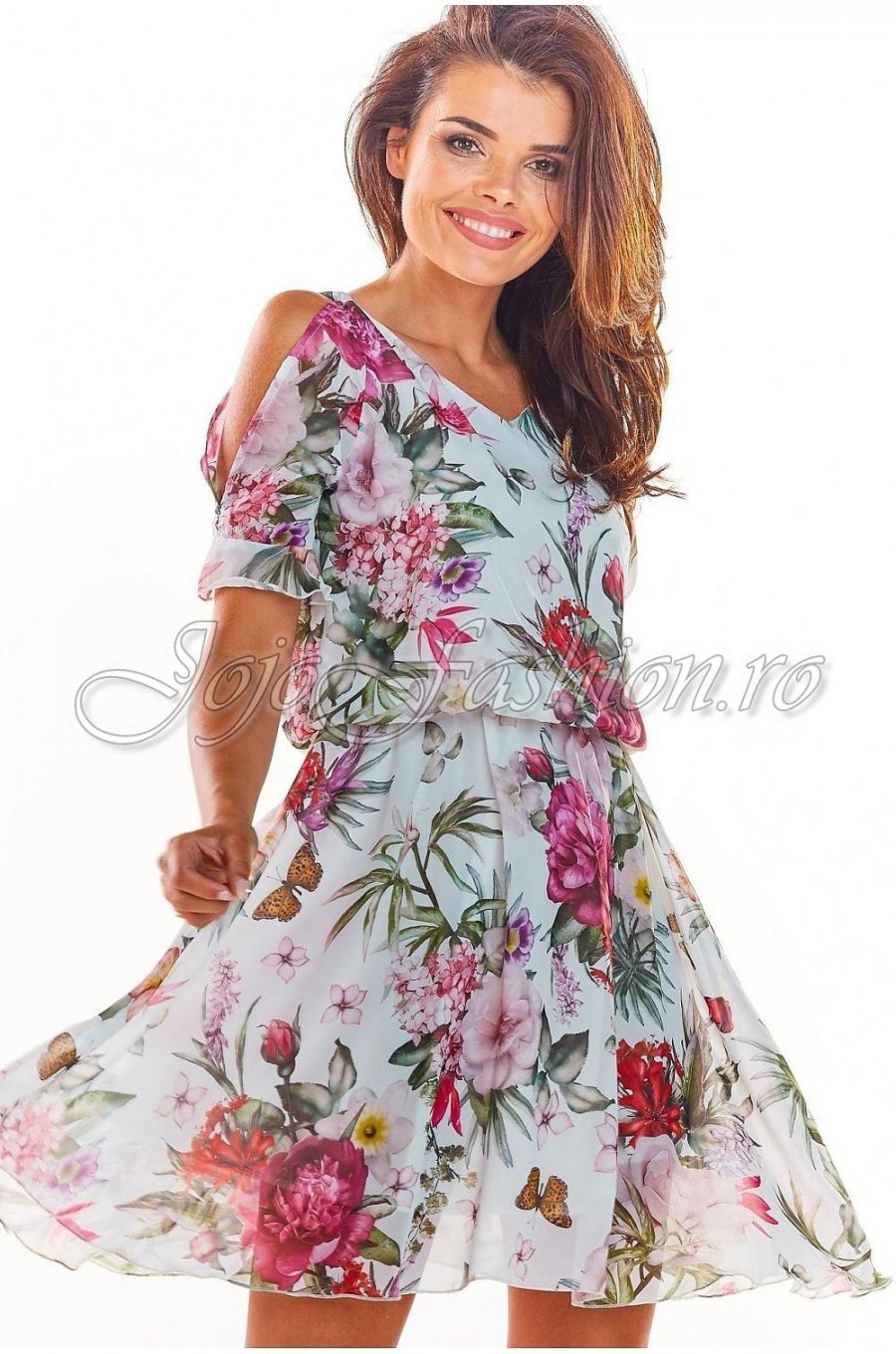 Rochie de vara scurta vaporoasa cu flori multicolore Awama - JojoFashion.ro