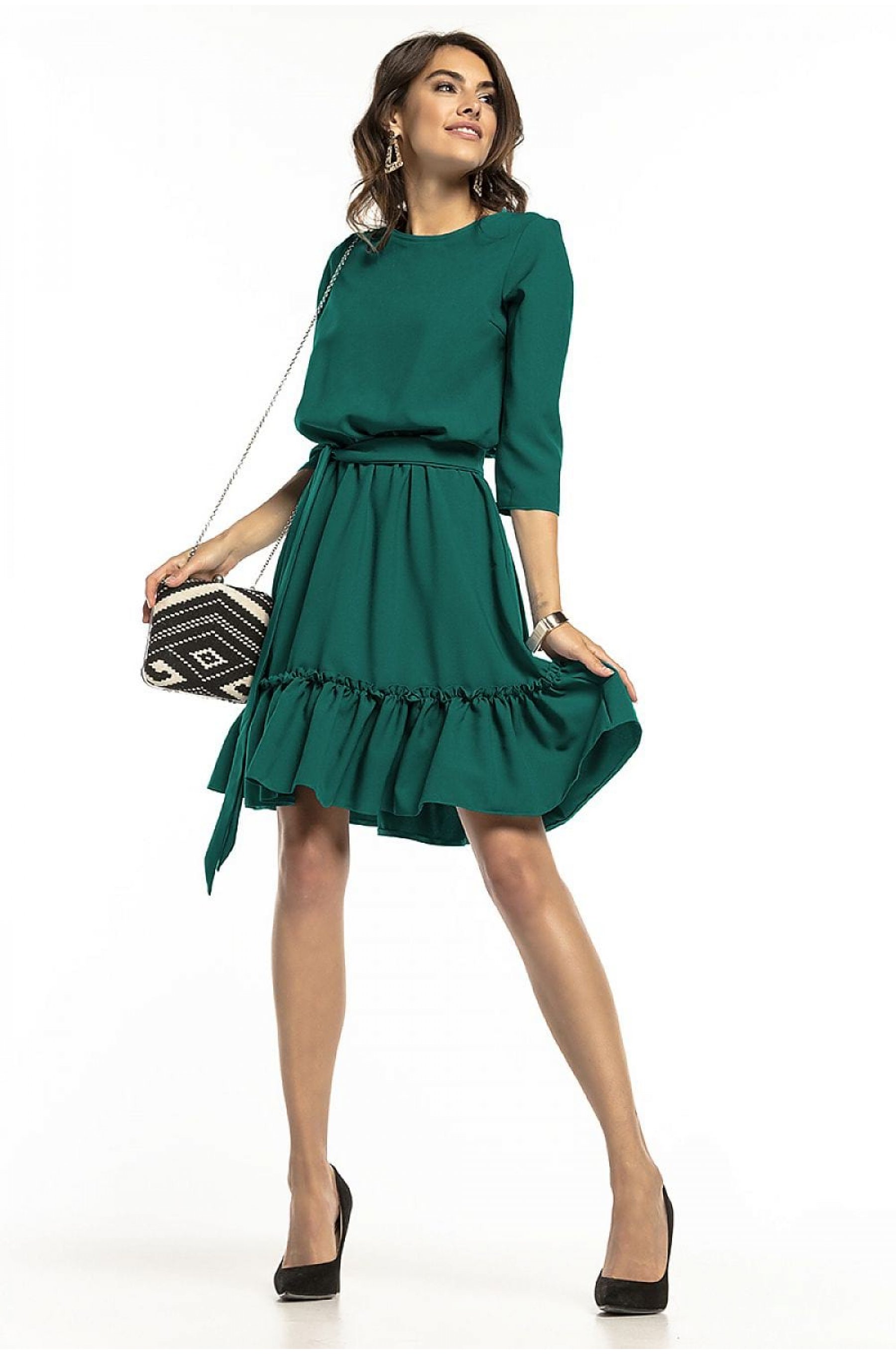 Rochie scurta de zi verde cu volan croi lejer Ronja