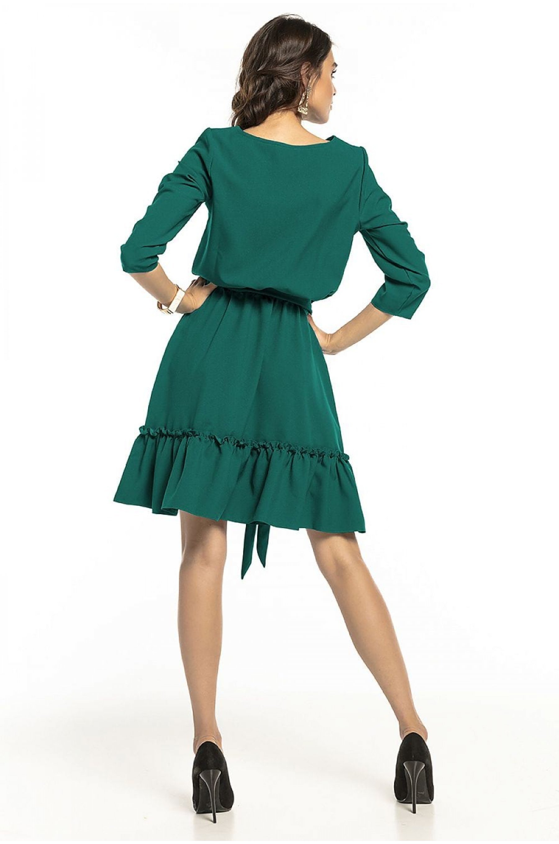 Rochie scurta de zi verde cu volan croi lejer Ronja