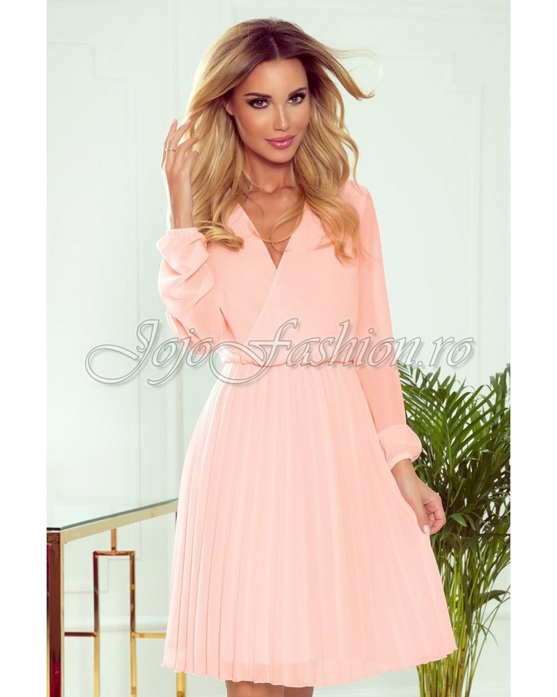 Rochie de ocazie asimetrica midi cu dantela roz pudrat eleganta Ivy