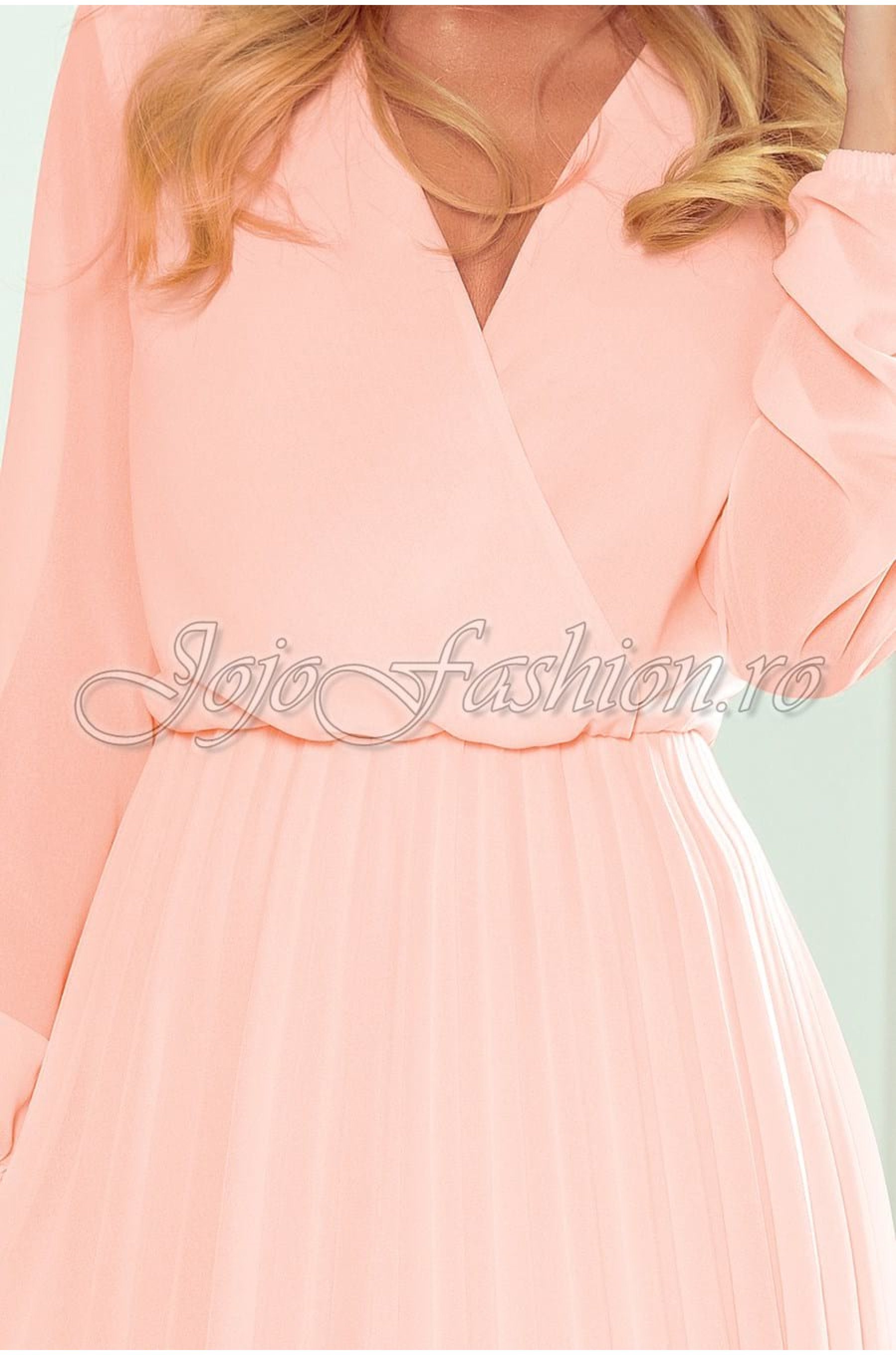 Rochie de ocazie eleganta midi vaporoasa roz piersica plisata Lisa ...