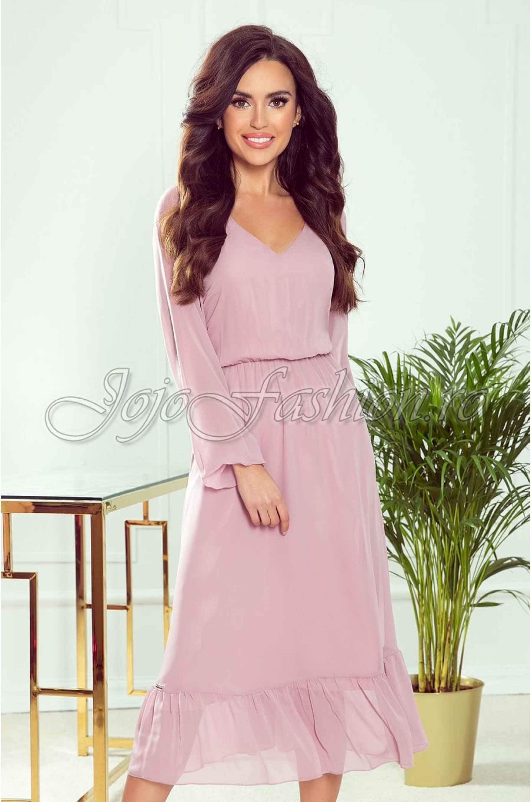 Rochie de ocazie midi, din chiffon, roz pudrat, cu maneca lunga, Calina ...