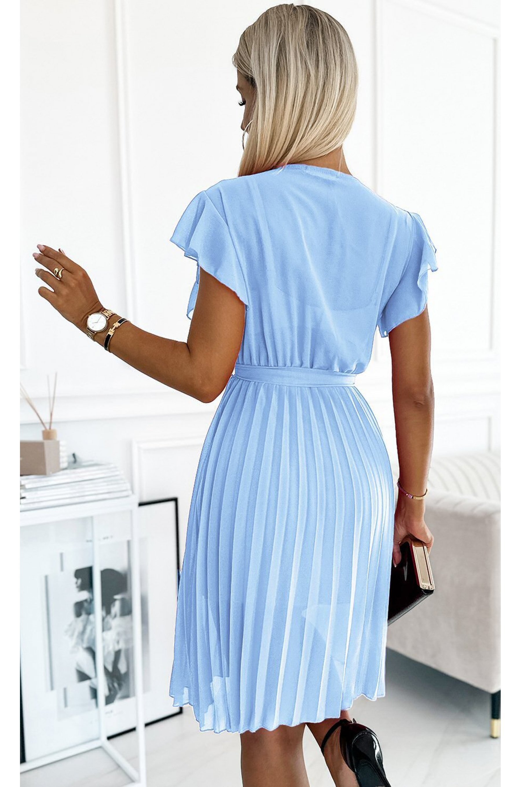 Rochie scurta plisata din chiffon baby blue Soysen - JojoFashion.ro