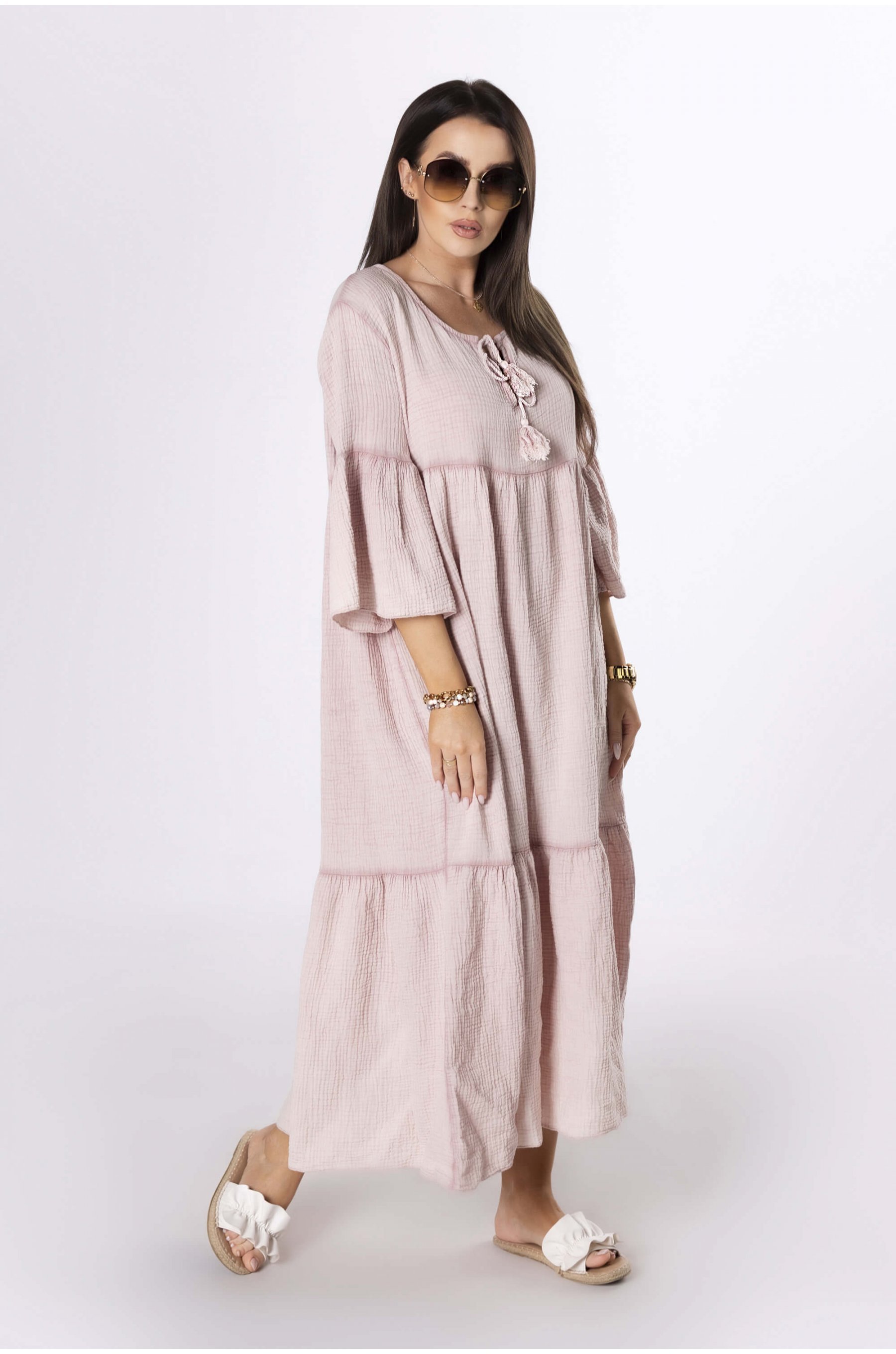 Rochie de zi lunga din bumbac roz pudrat Ilioara