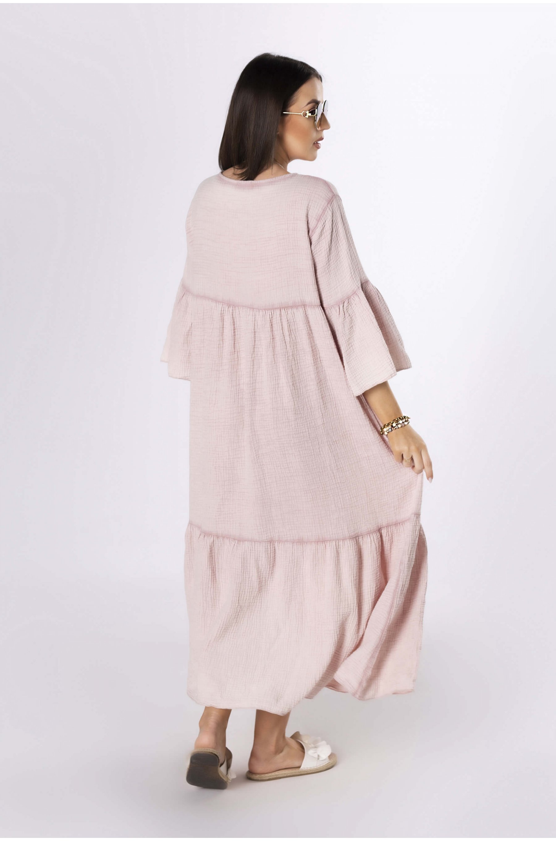 Rochie de zi lunga din bumbac roz pudrat Ilioara