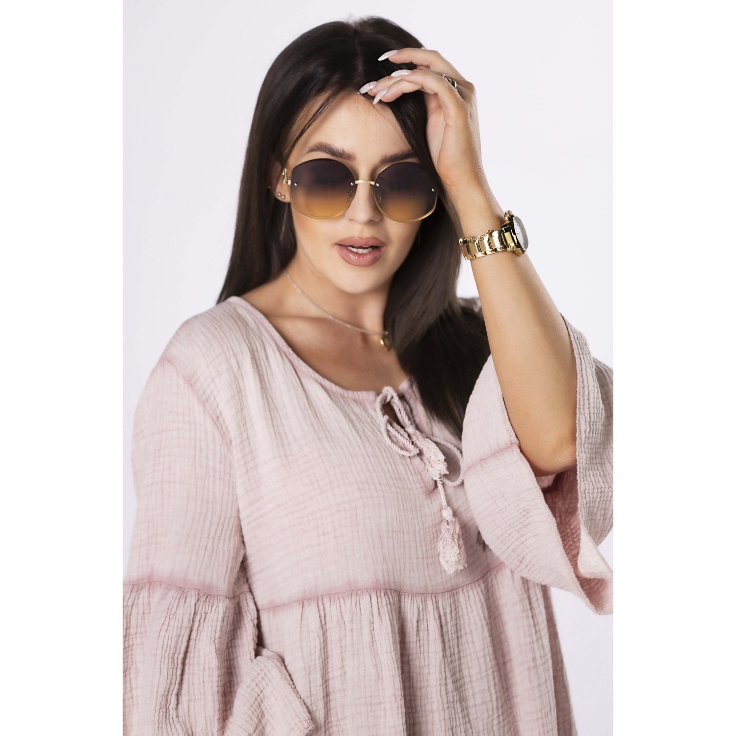 Rochie de zi lunga din bumbac roz pudrat Ilioara