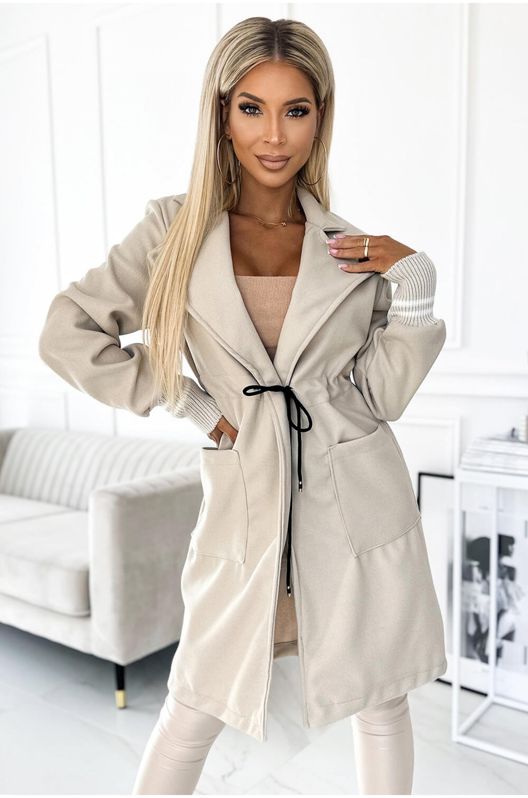 Palton dama casual, midi, bej, cu gluga si buzunare, Alexya ...