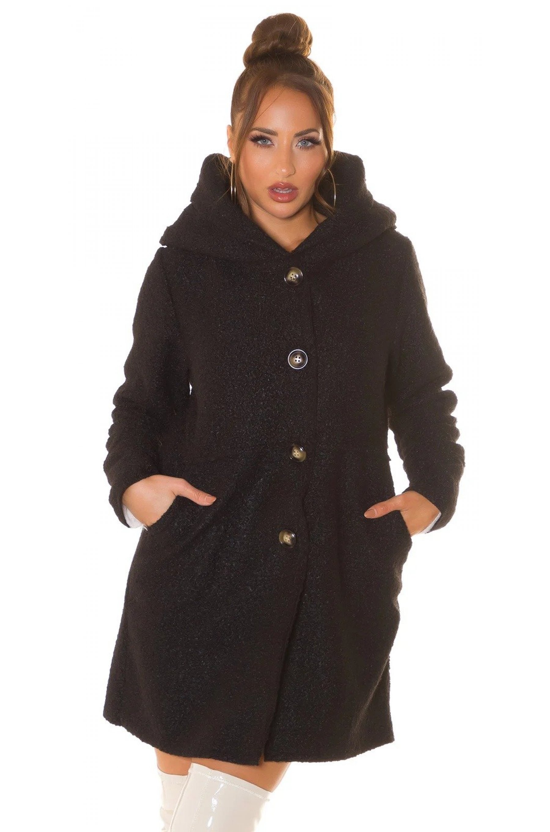 Palton dama casual, negru, cu gluga si buzunare Morrigan - JojoFashion.ro