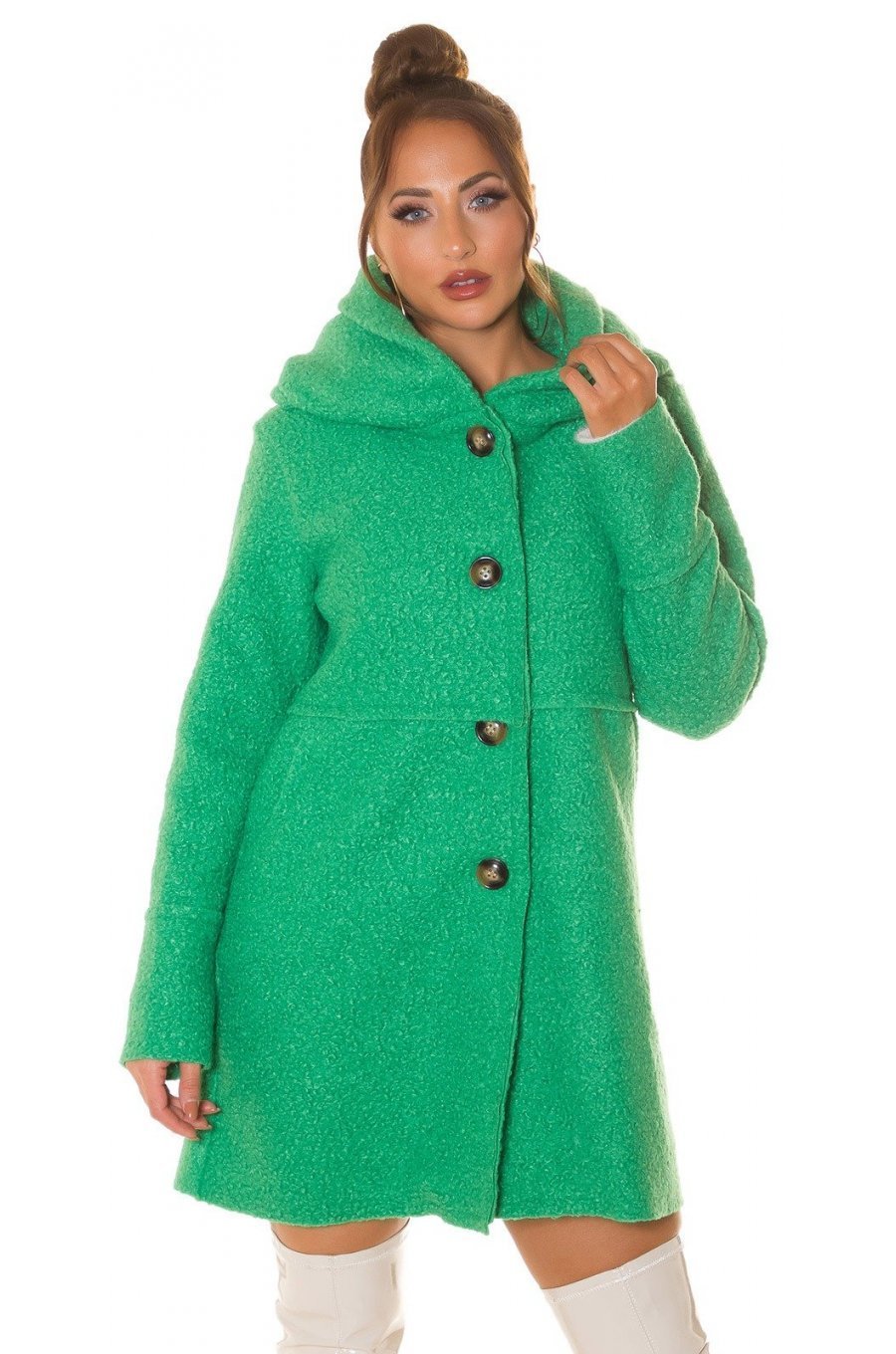 Palton dama casual, verde, cu gluga si buzunare Morrigan - JojoFashion.ro