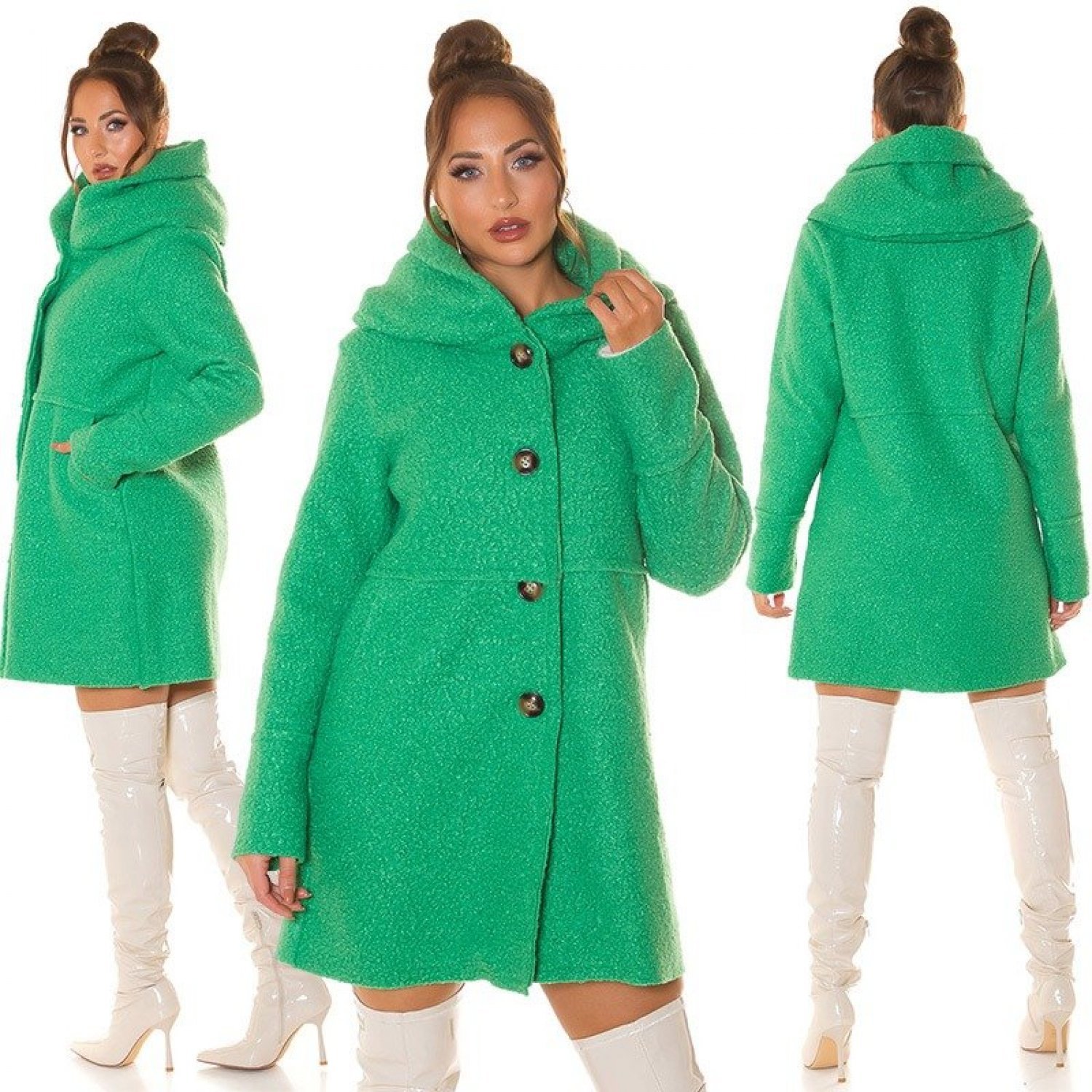 Palton dama casual, verde, cu gluga si buzunare Morrigan - JojoFashion.ro