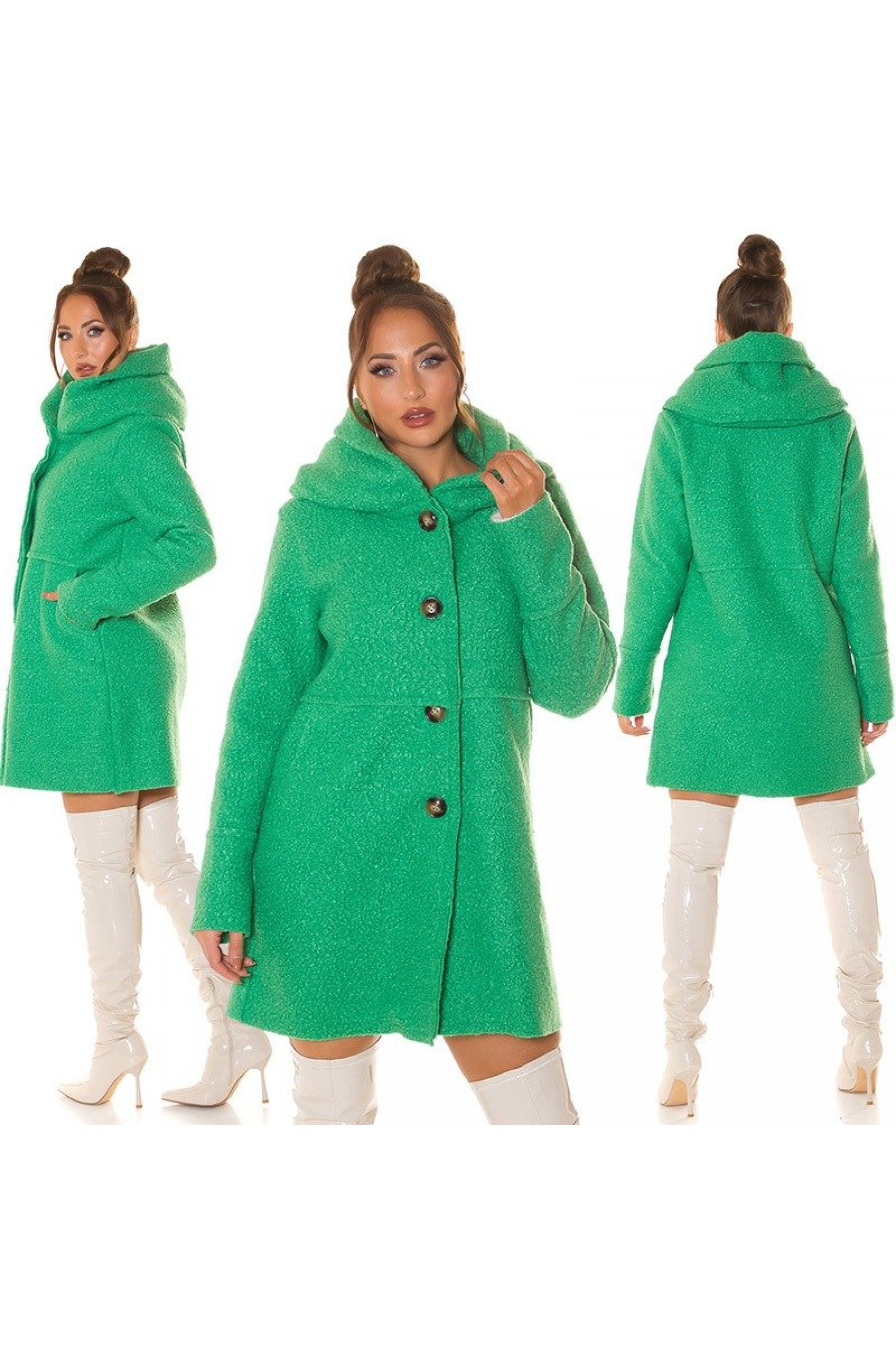 Palton dama casual, verde, cu gluga si buzunare Morrigan - JojoFashion.ro