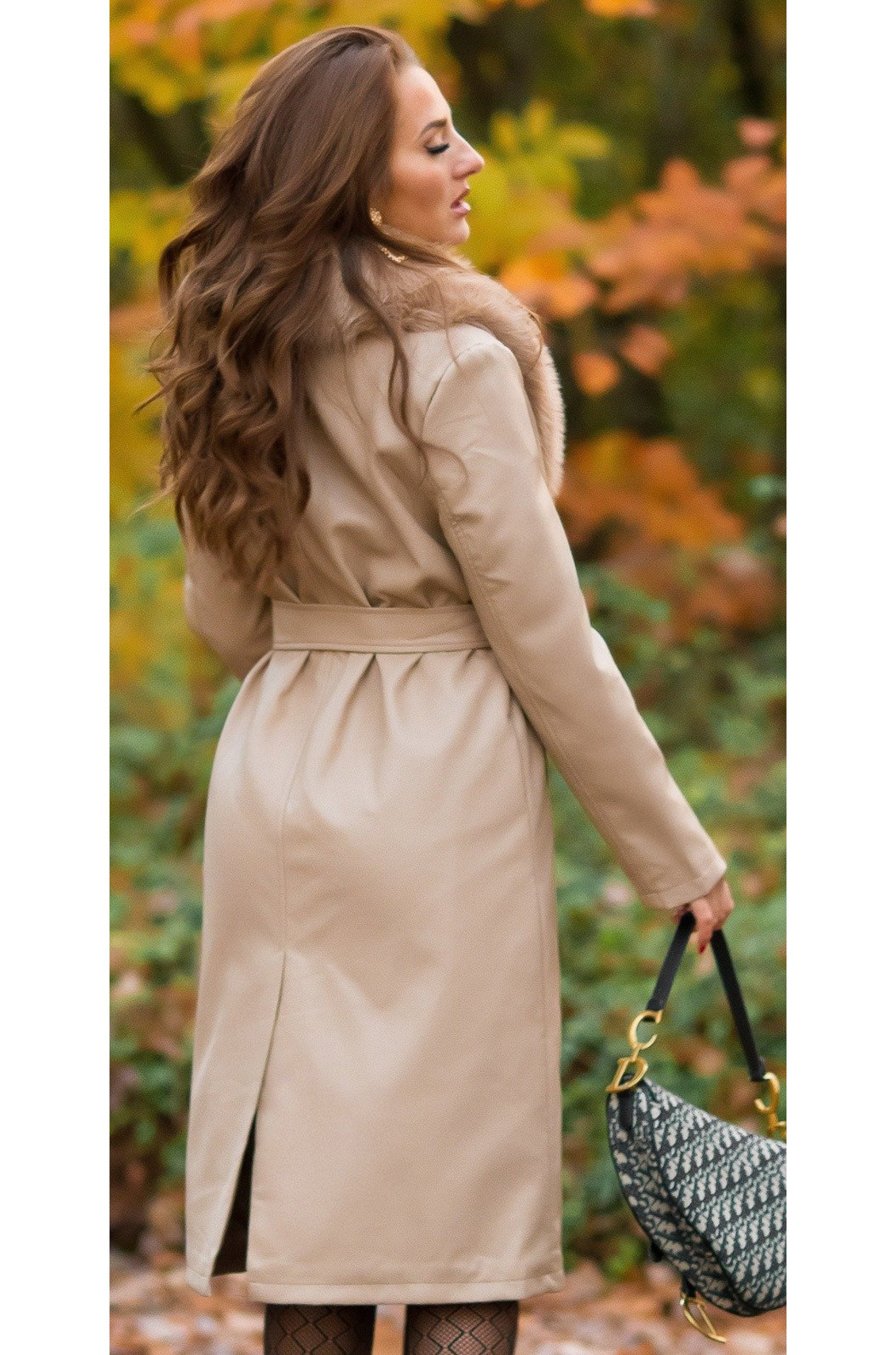 Palton dama de iarna elegant, midi, din piele eco, cappuccino, cu guler ...