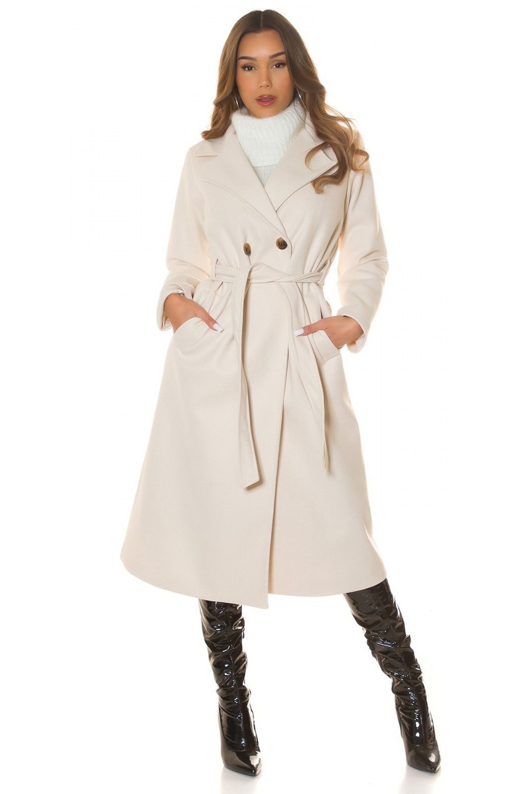 Palton dama elegant lung, bej, Orinna - JojoFashion.ro