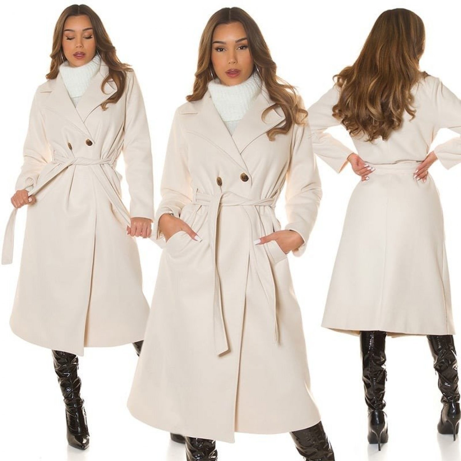 Palton dama elegant lung, bej, Orinna - JojoFashion.ro