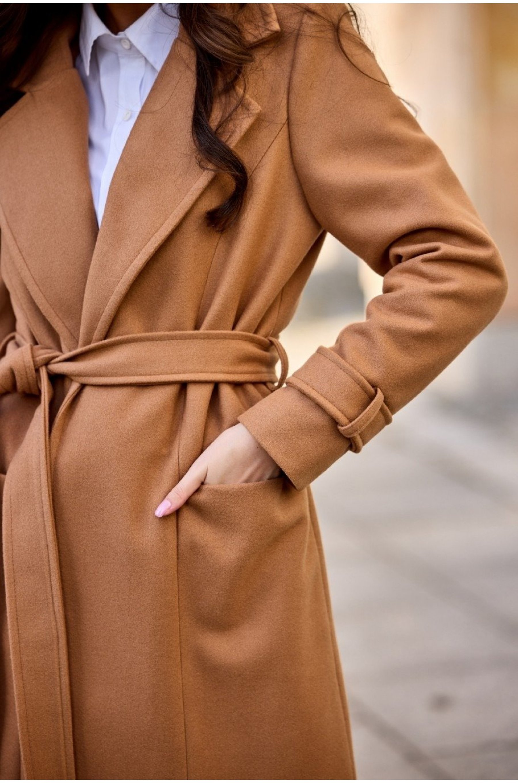 Palton dama elegant lung, caramel, clasic, cu buzunare si cordon ...