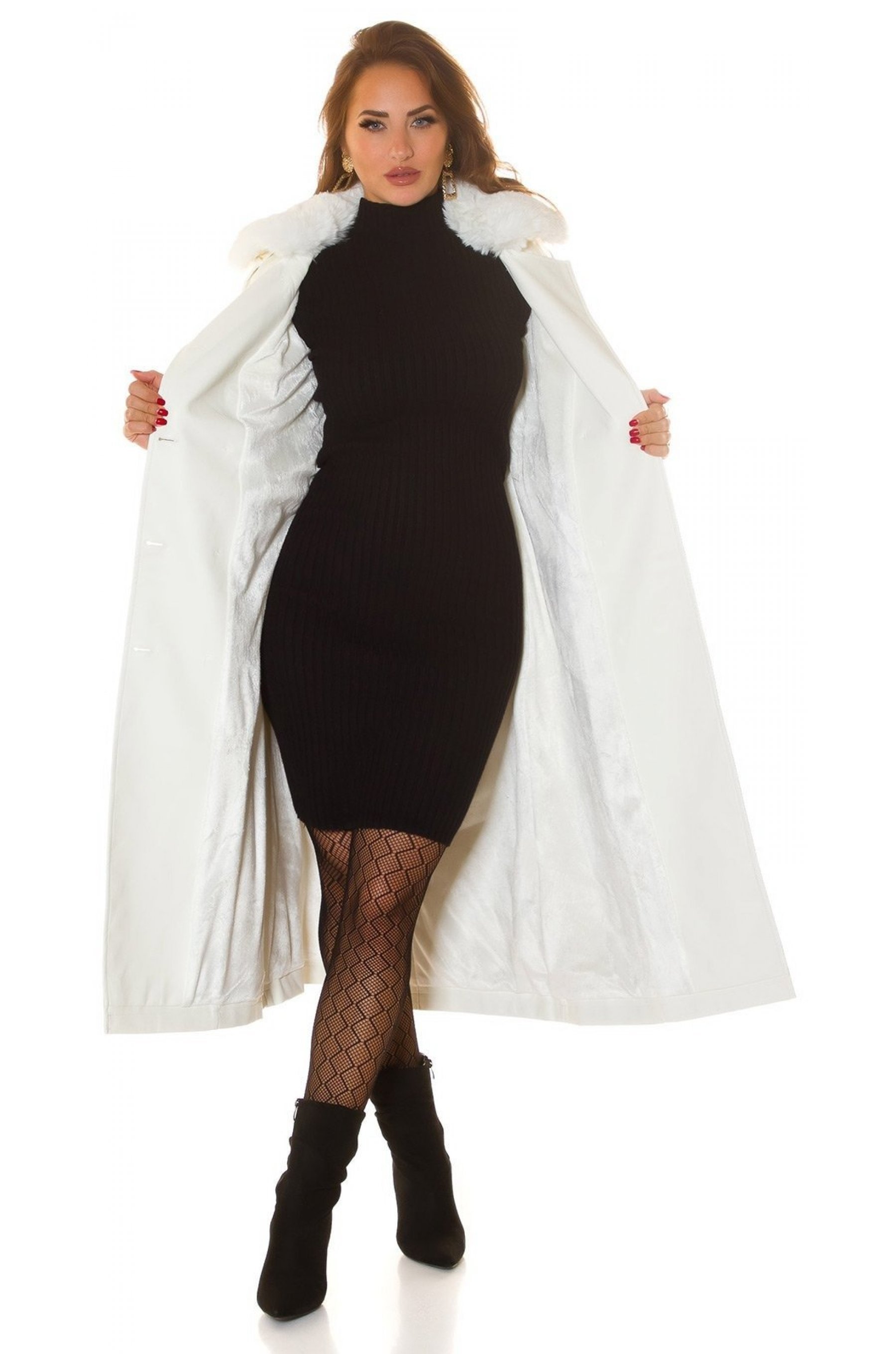 Palton dama elegant, lung, din piele eco, alb, cu guler din blana ...