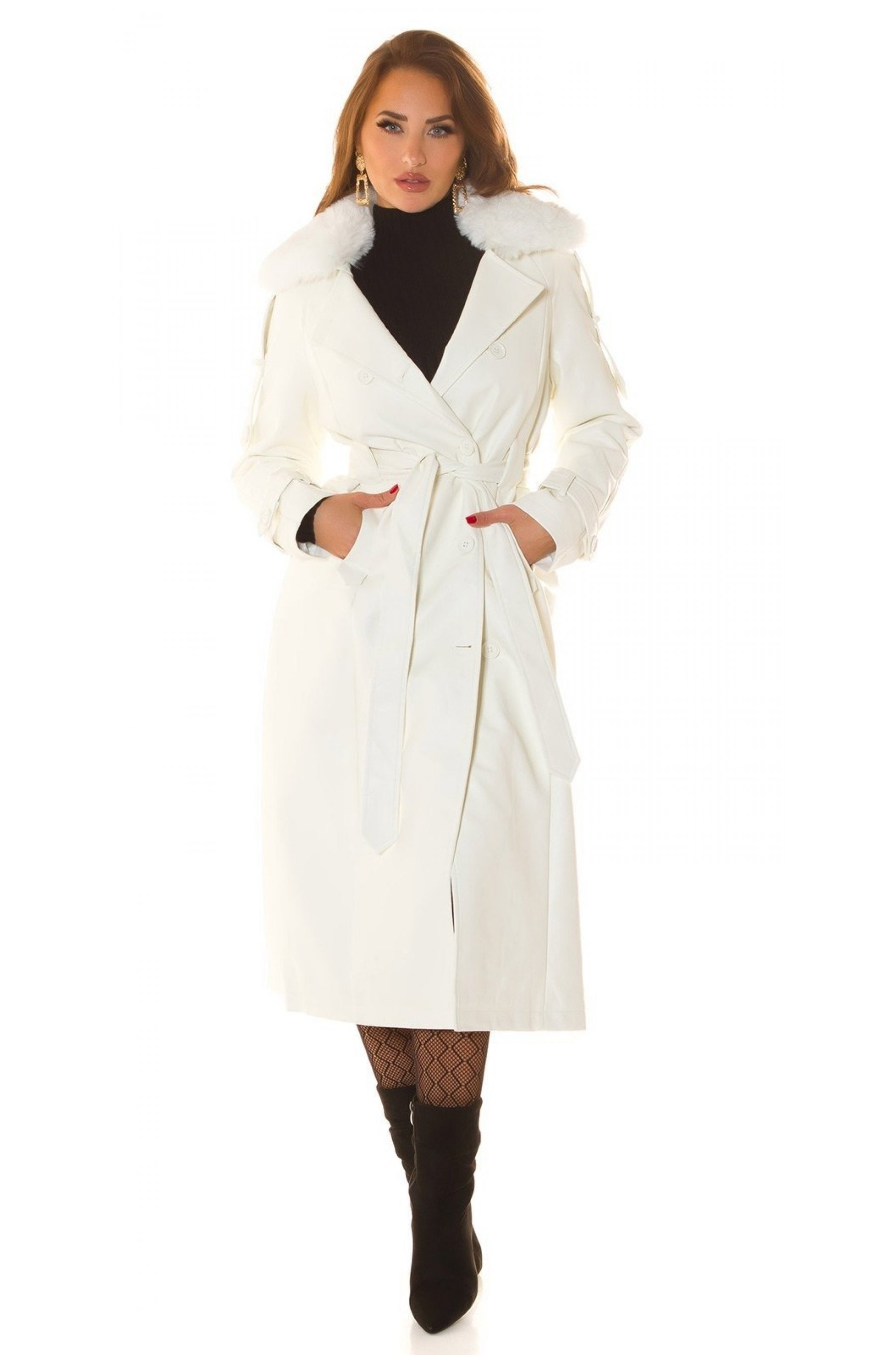 Palton dama elegant, lung, din piele eco, alb, cu guler din blana ...