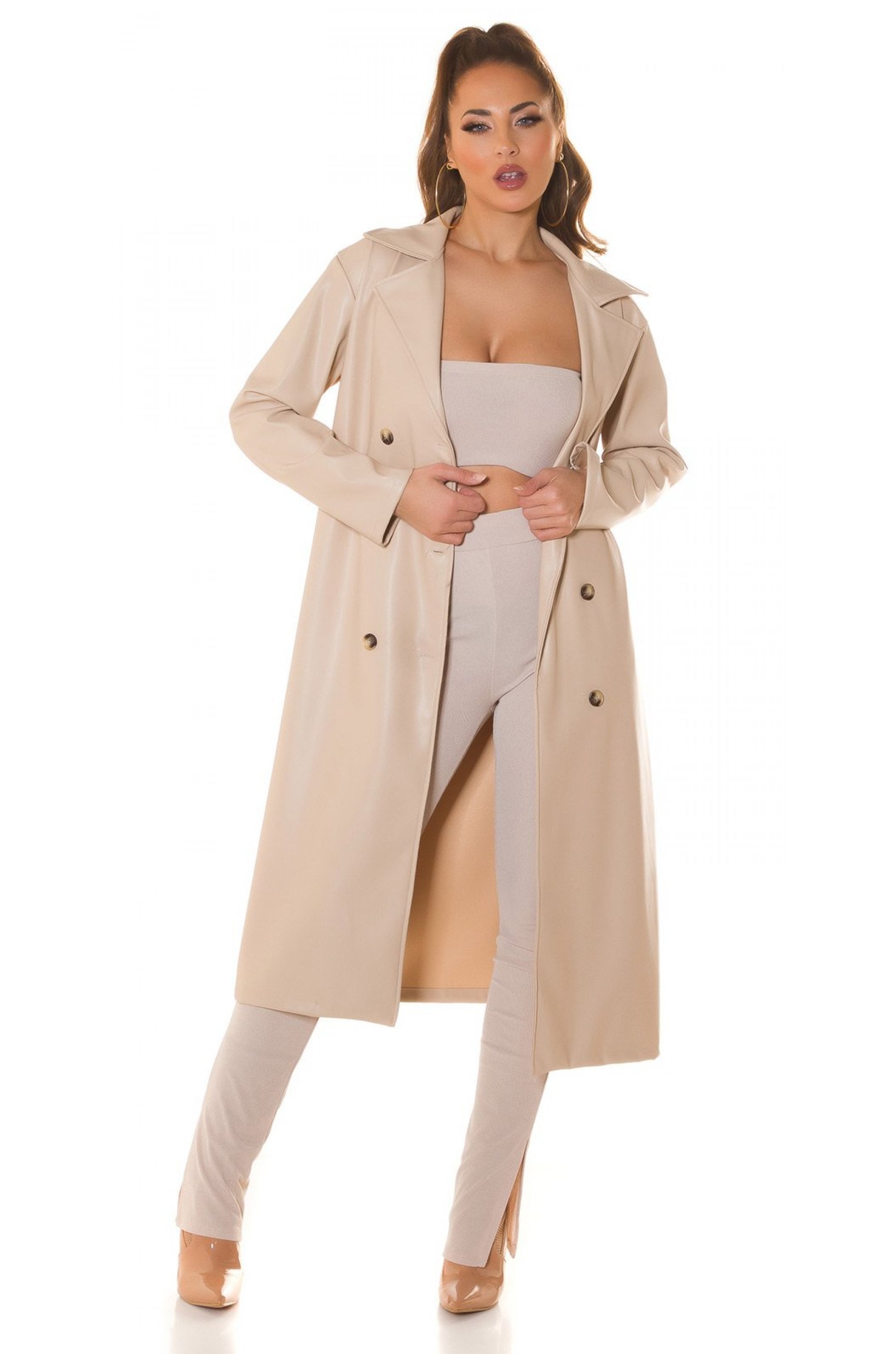 Palton dama elegant, lung, din piele eco, bej, Takisha - JojoFashion.ro