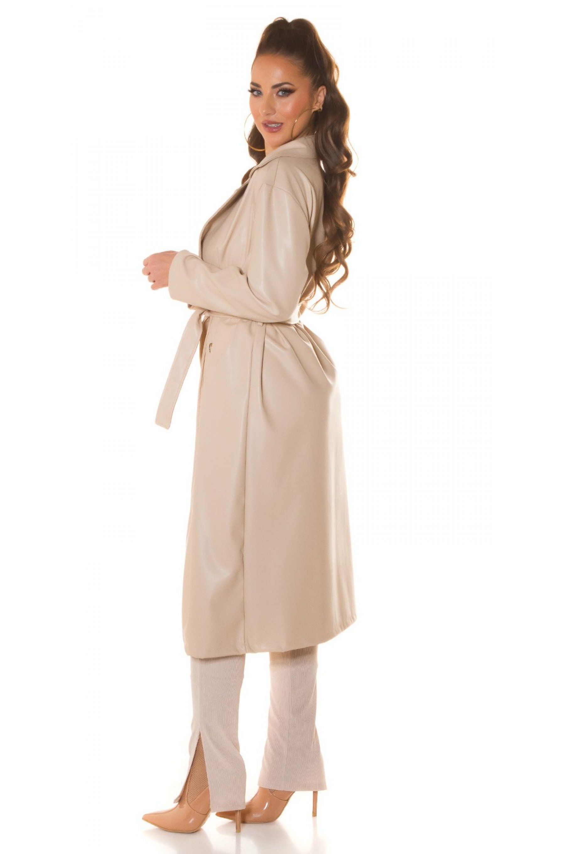 Palton dama elegant, lung, din piele eco, bej, Takisha - JojoFashion.ro