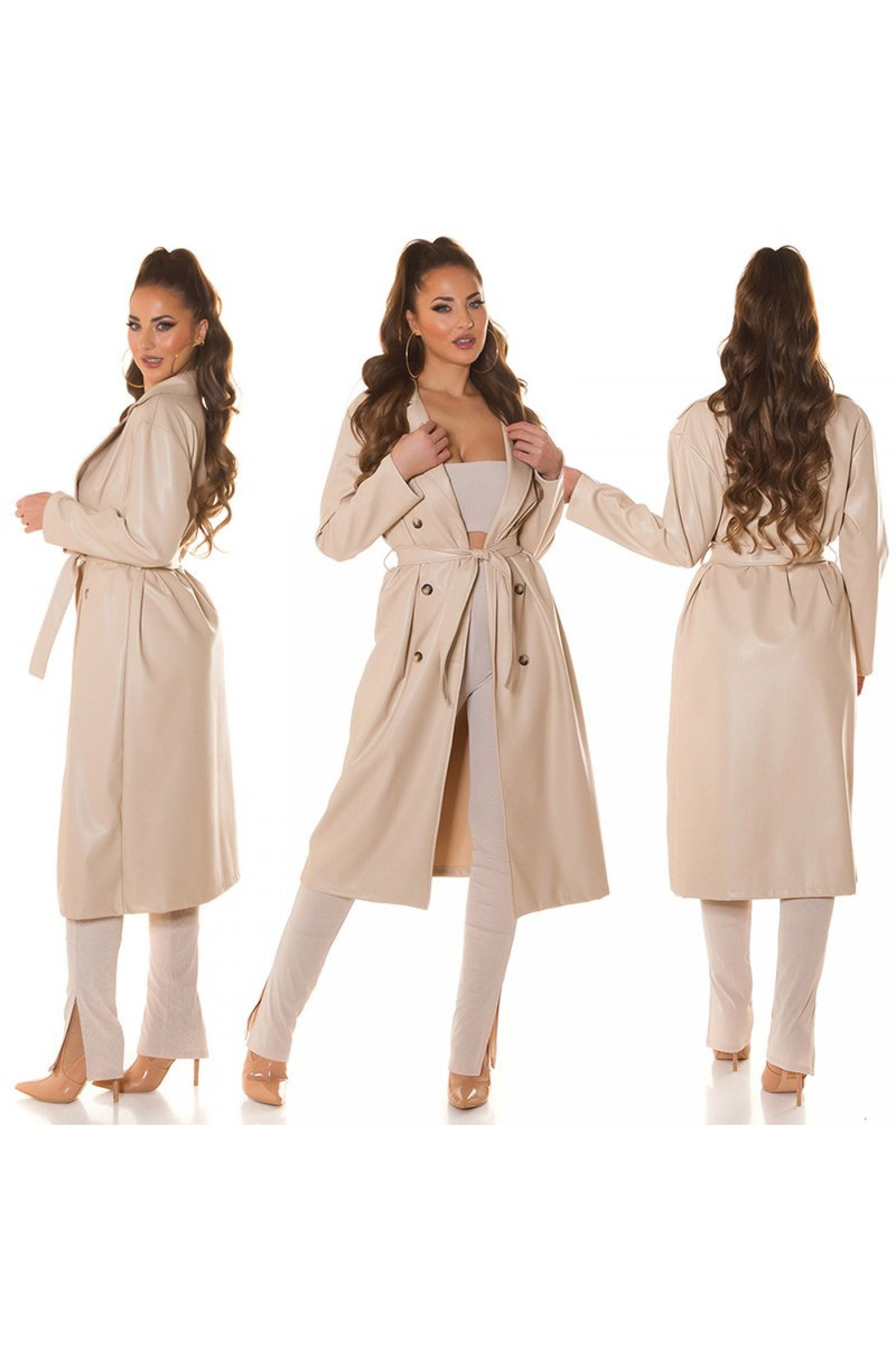 Palton dama elegant, lung, din piele eco, bej, Takisha - JojoFashion.ro