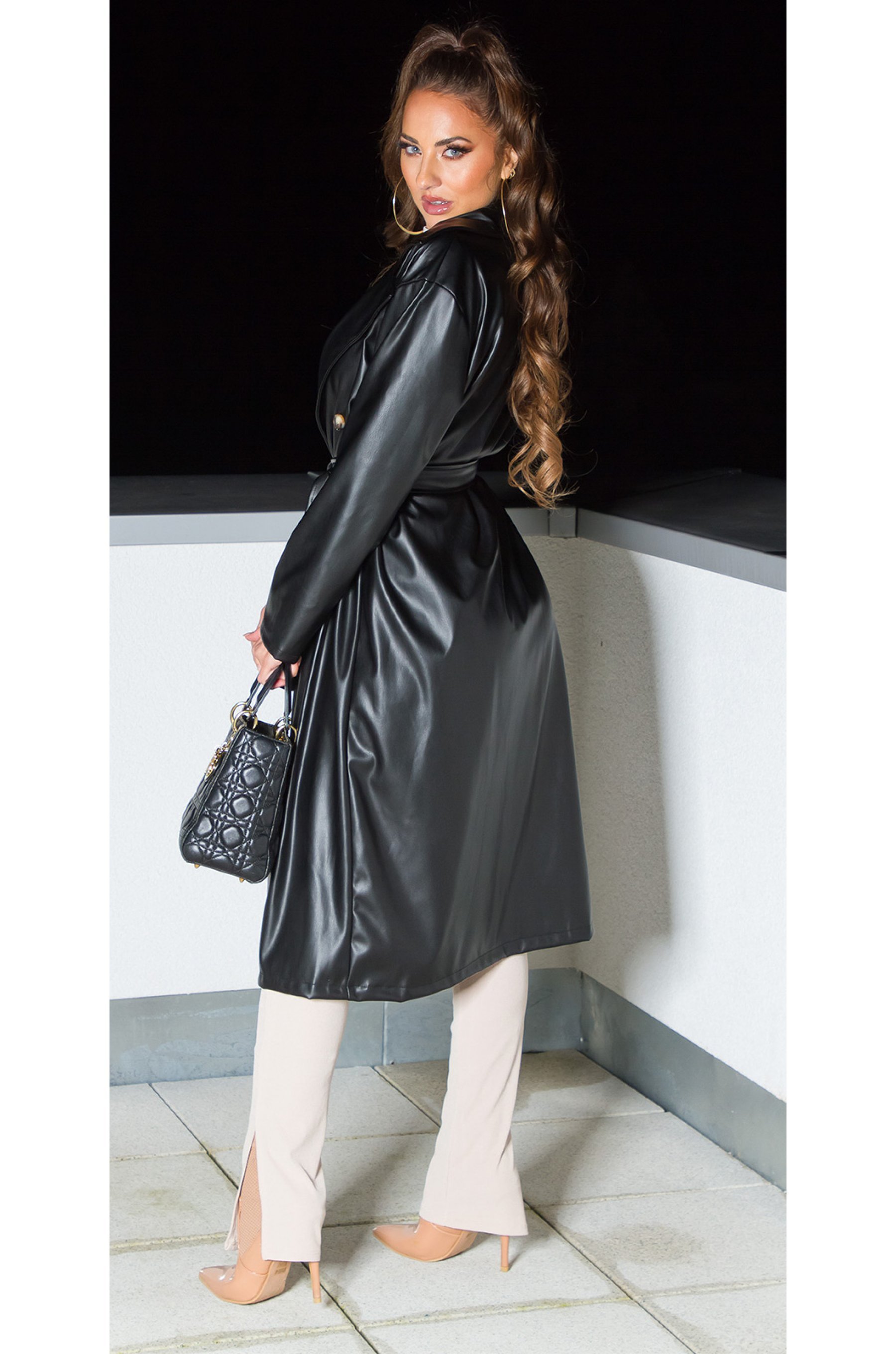 Palton dama elegant, lung, din piele eco, negru, Takisha - JojoFashion.ro