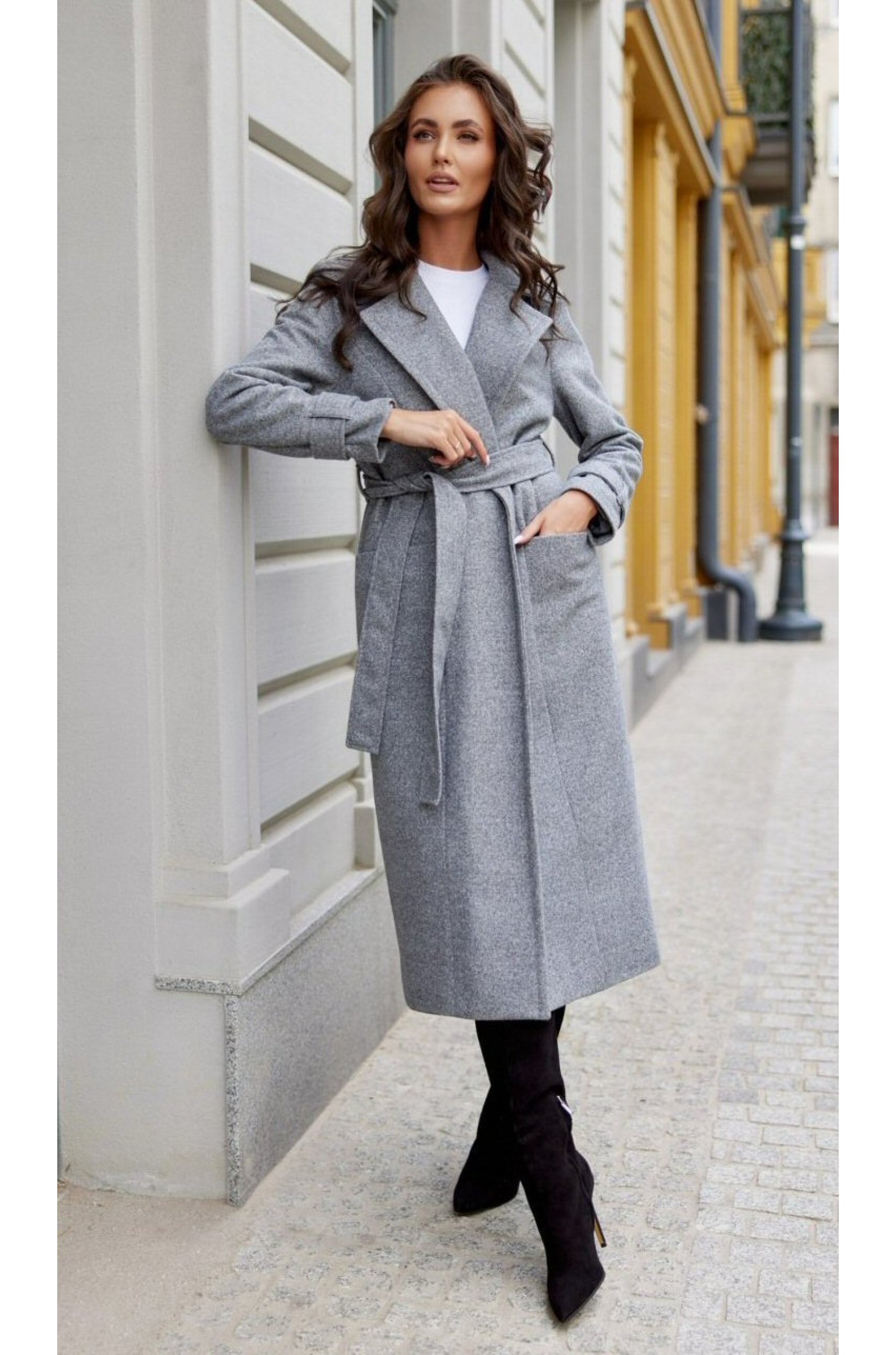 Palton dama elegant lung, gri, clasic, cu buzunare si cordon, Vanora - JojoFashion.ro