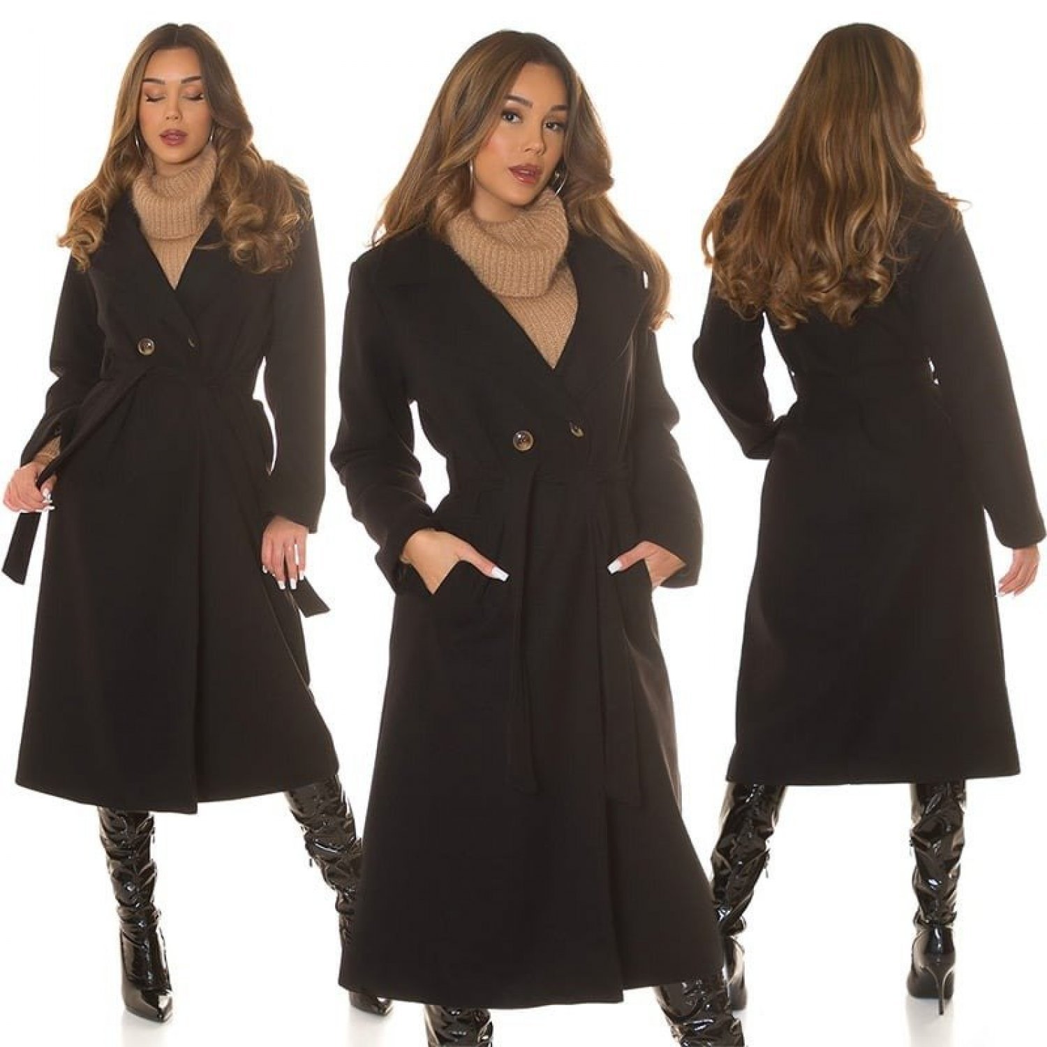 Palton dama elegant lung, negru, Orinna - JojoFashion.ro