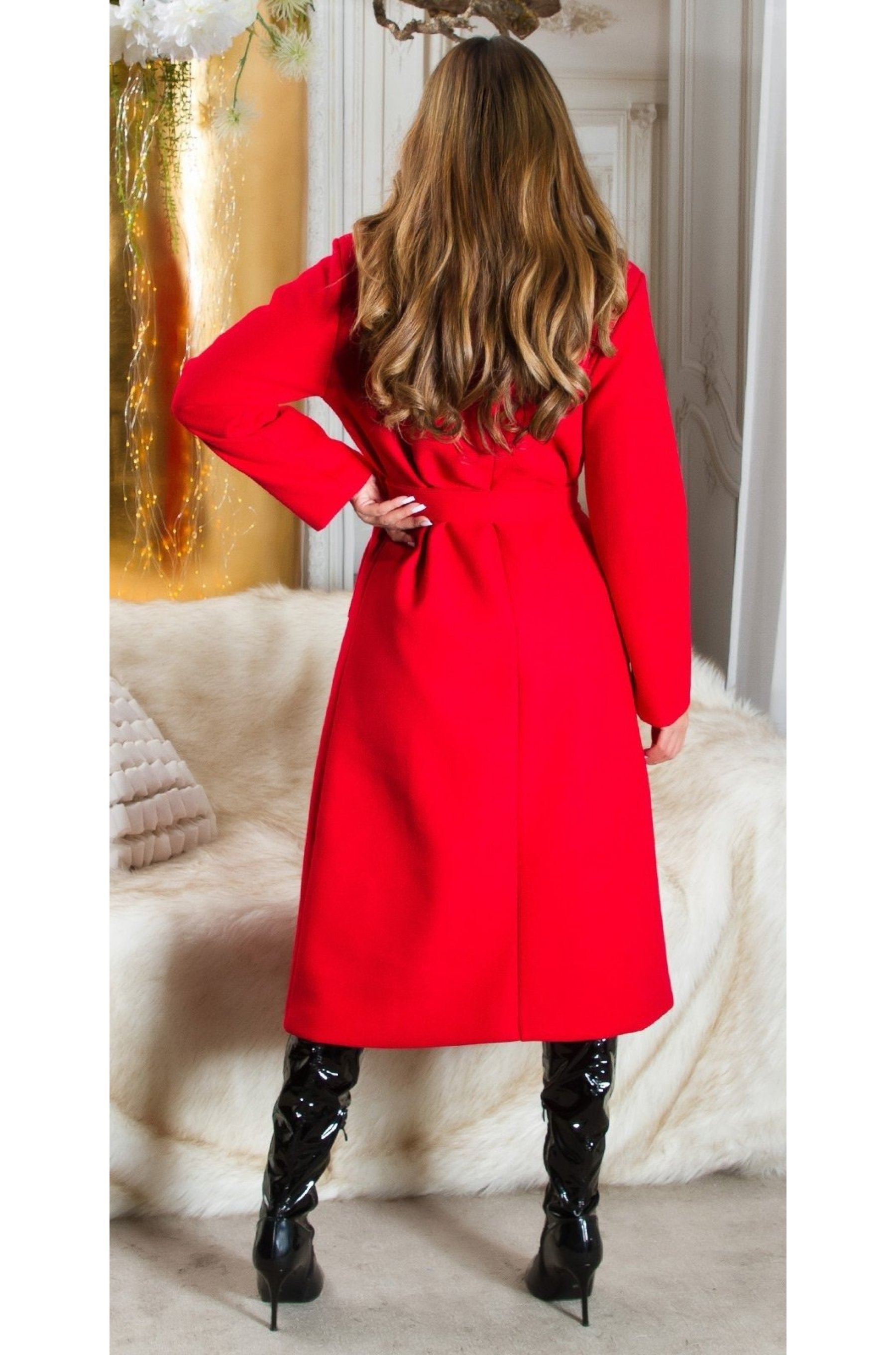 Palton dama elegant lung, rosu, Orinna - JojoFashion.ro