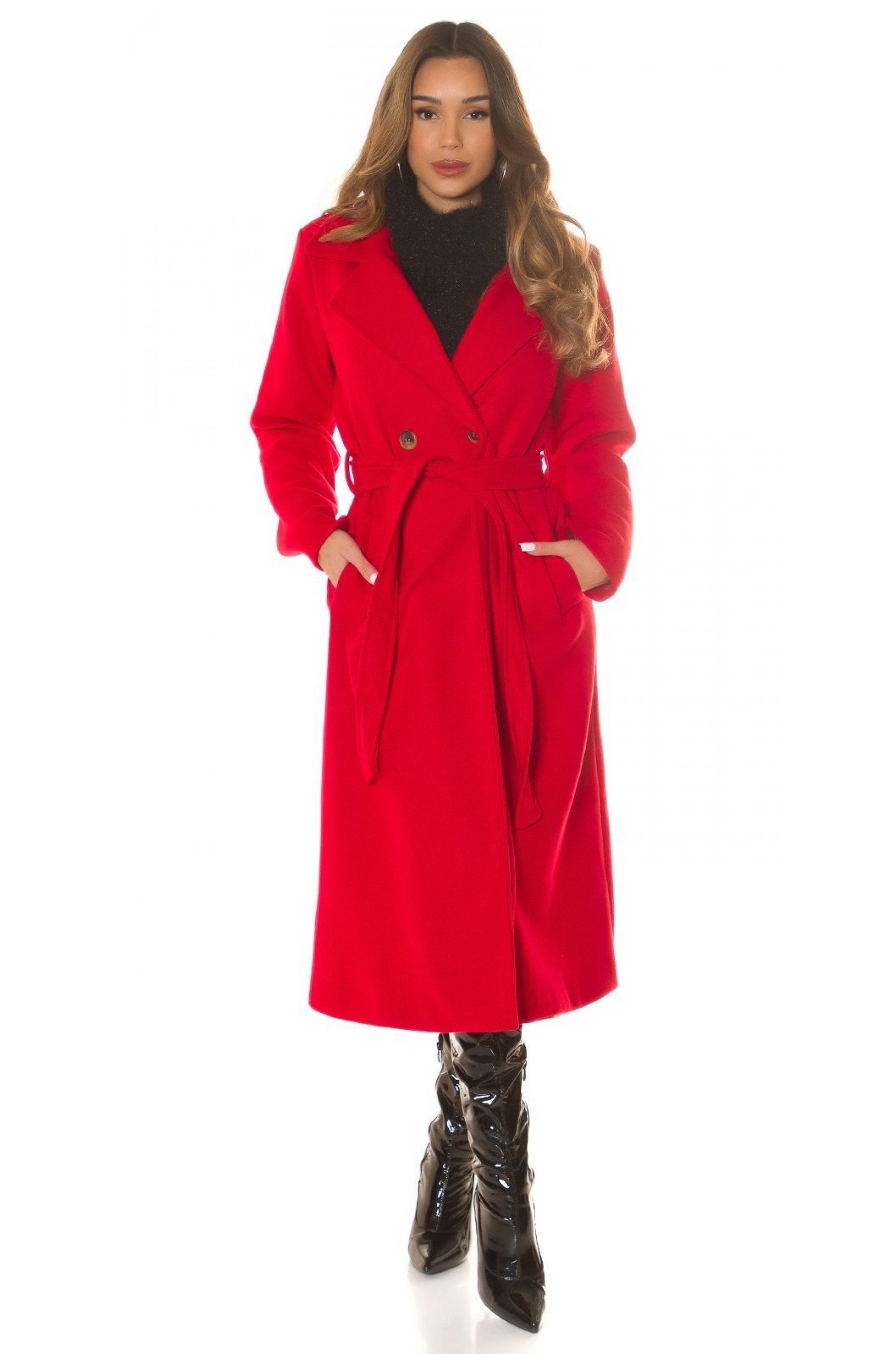 Palton dama elegant lung, rosu, Orinna - JojoFashion.ro